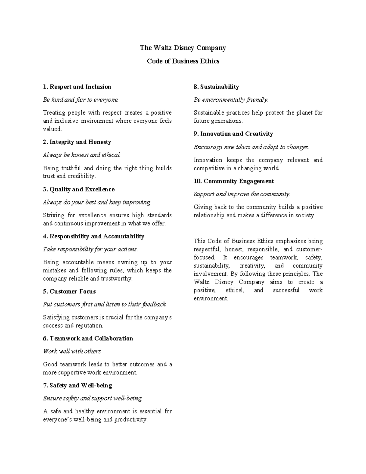 A Code of Business Ethics - The Waltz Disney Company Code of Business ...