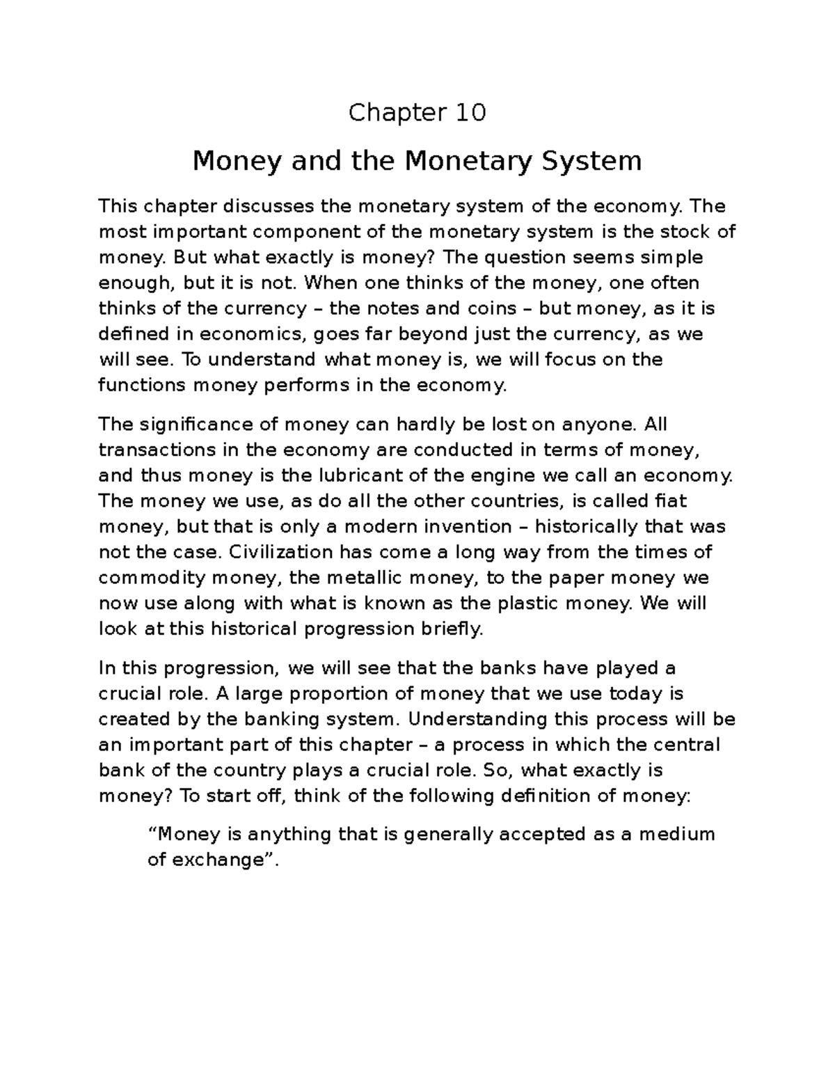 Ch. 10, Money - yes - Chapter 10 Money and the Monetary System This ...