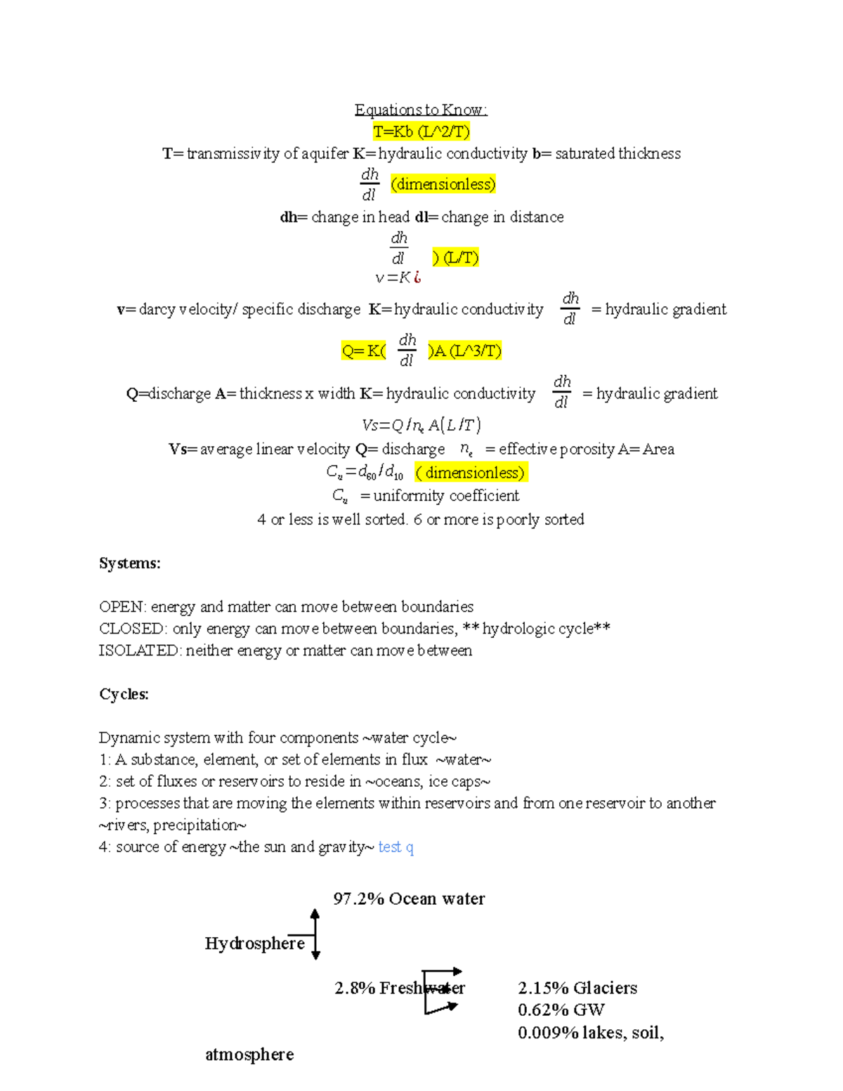 Study Guide exam 1 - Summary Hydrogeology - Equations to Know: T=Kb (L ...