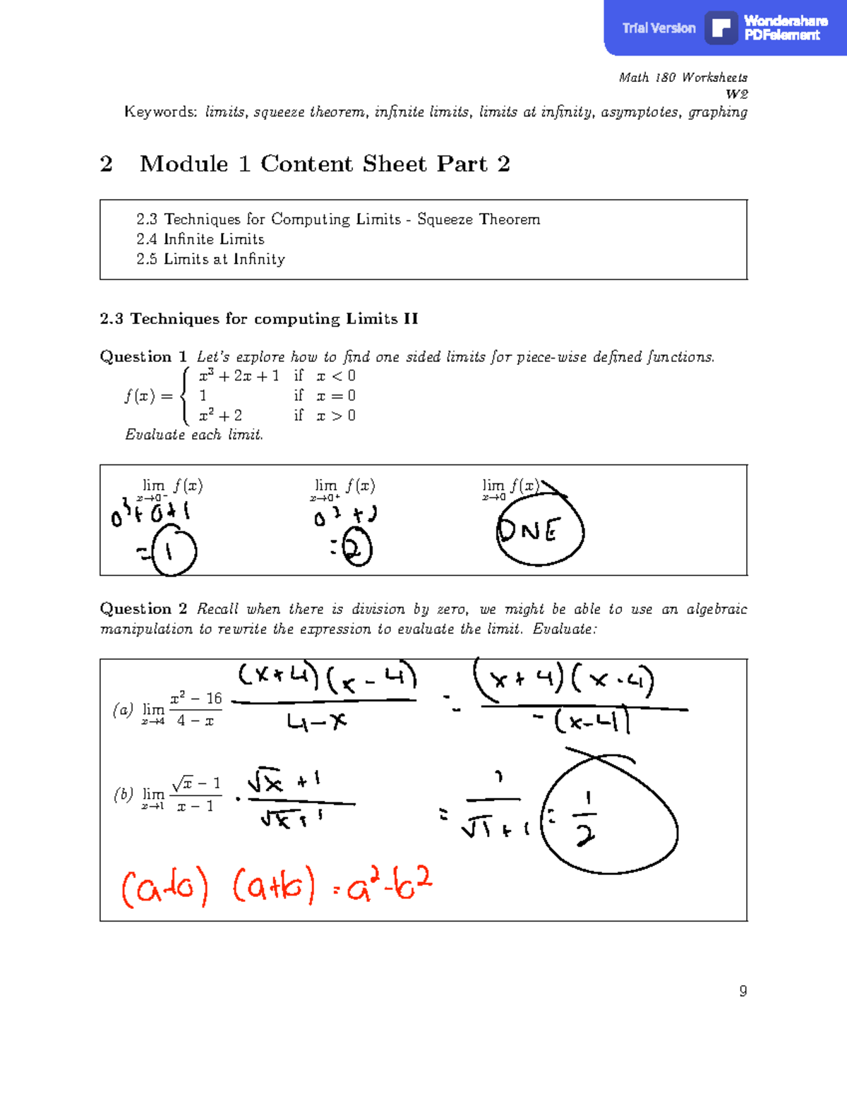 Module 1 Part II - Lecture notes 2 - W Keywords:limits, squeeze theorem ...