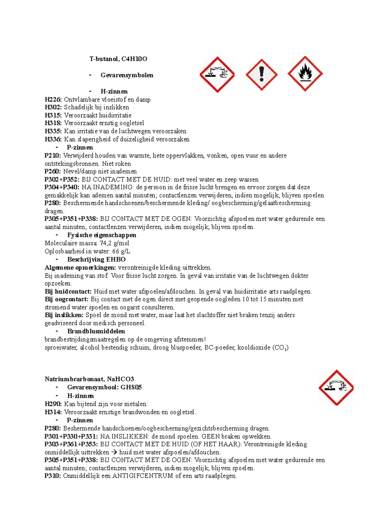 SDS Chemie 2 - T-butanol, C4H10O Gevarensymbolen H-zinnen H226 ...