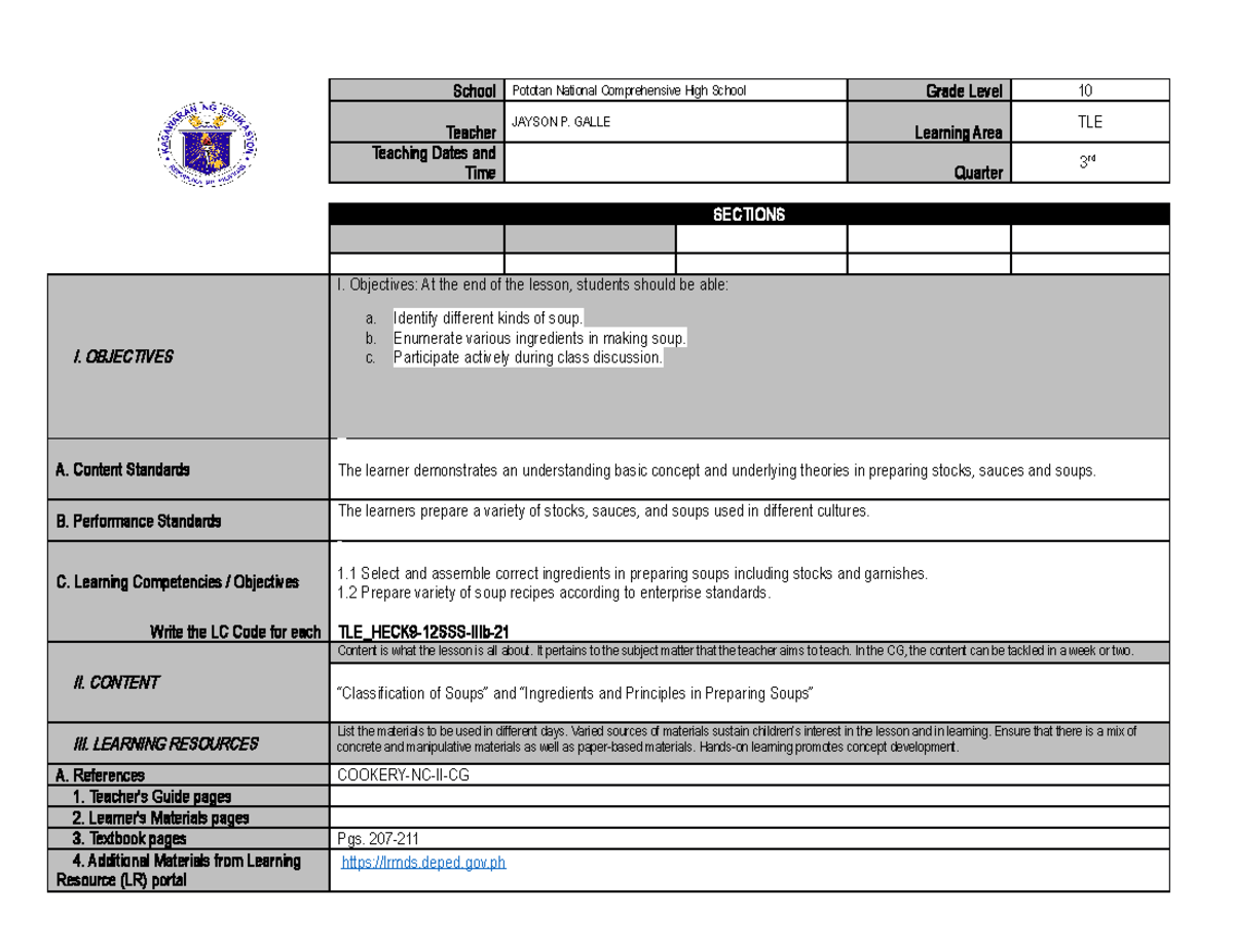 Soup Lessonplan - Lesson Plan - School Pototan National Comprehensive ...