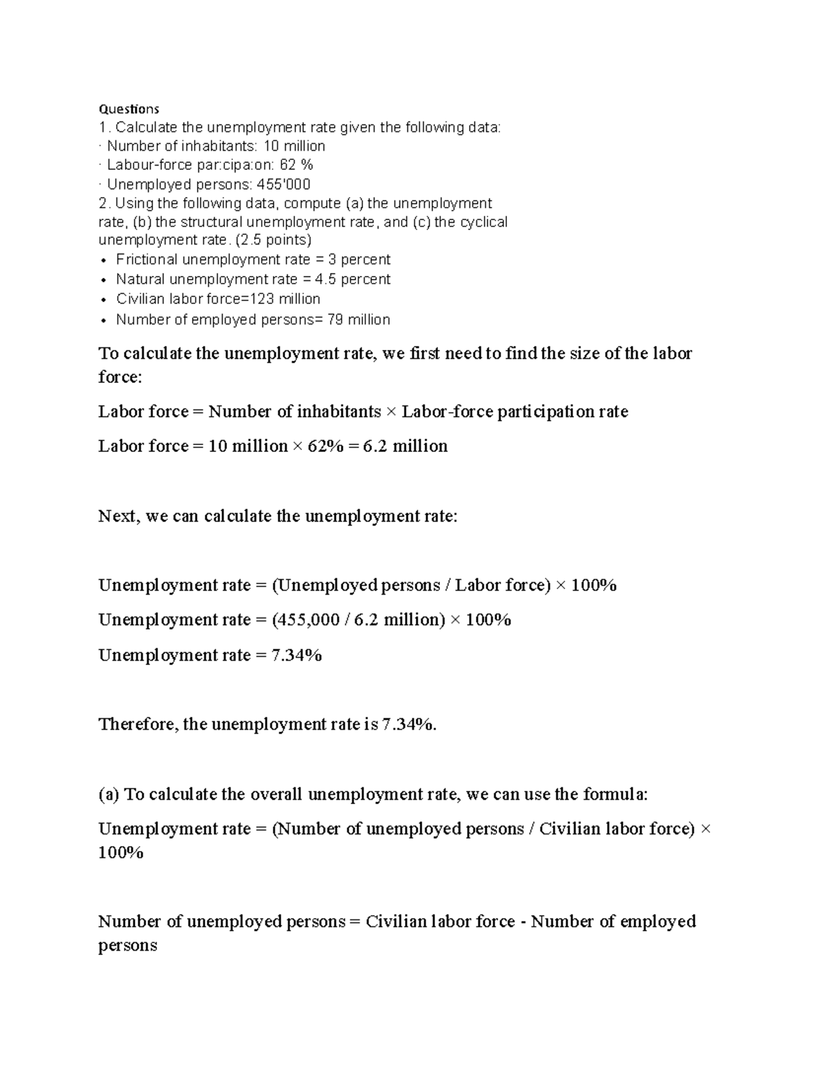 To calculate the unemployment rate - Questions Calculate the ...