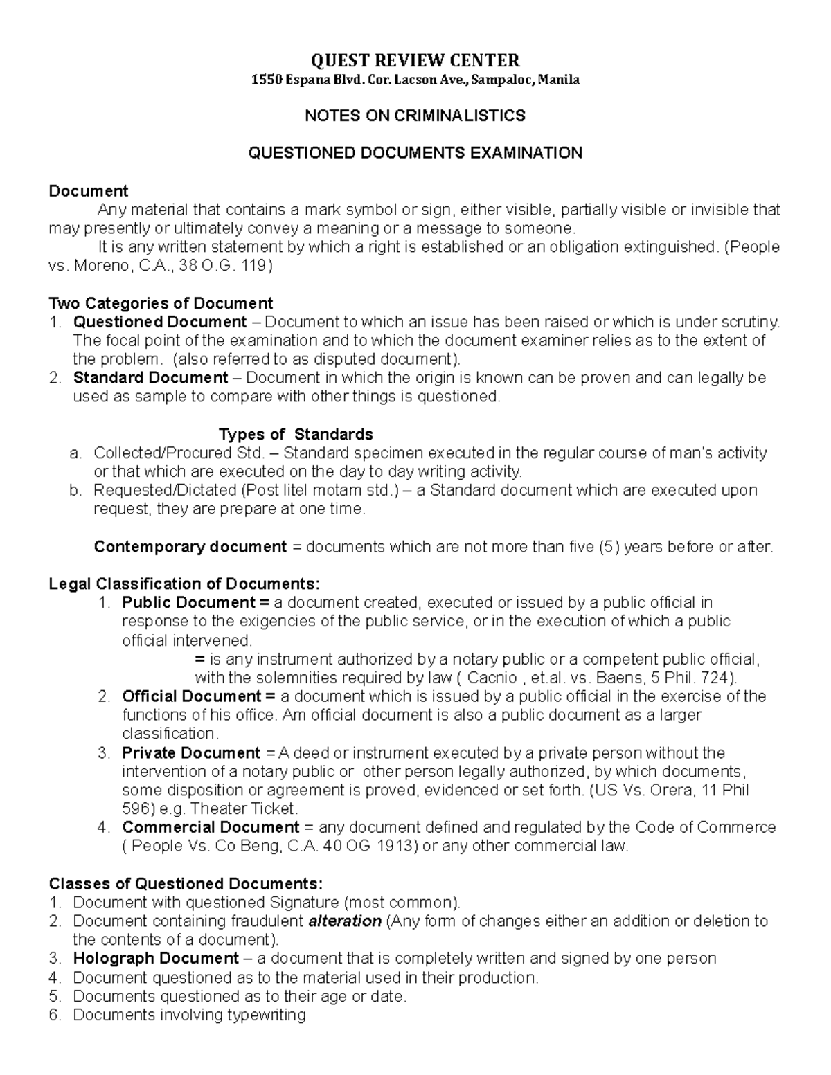 Criminalistics 4 Questioned Documents Examination - QUEST REVIEW CENTER ...