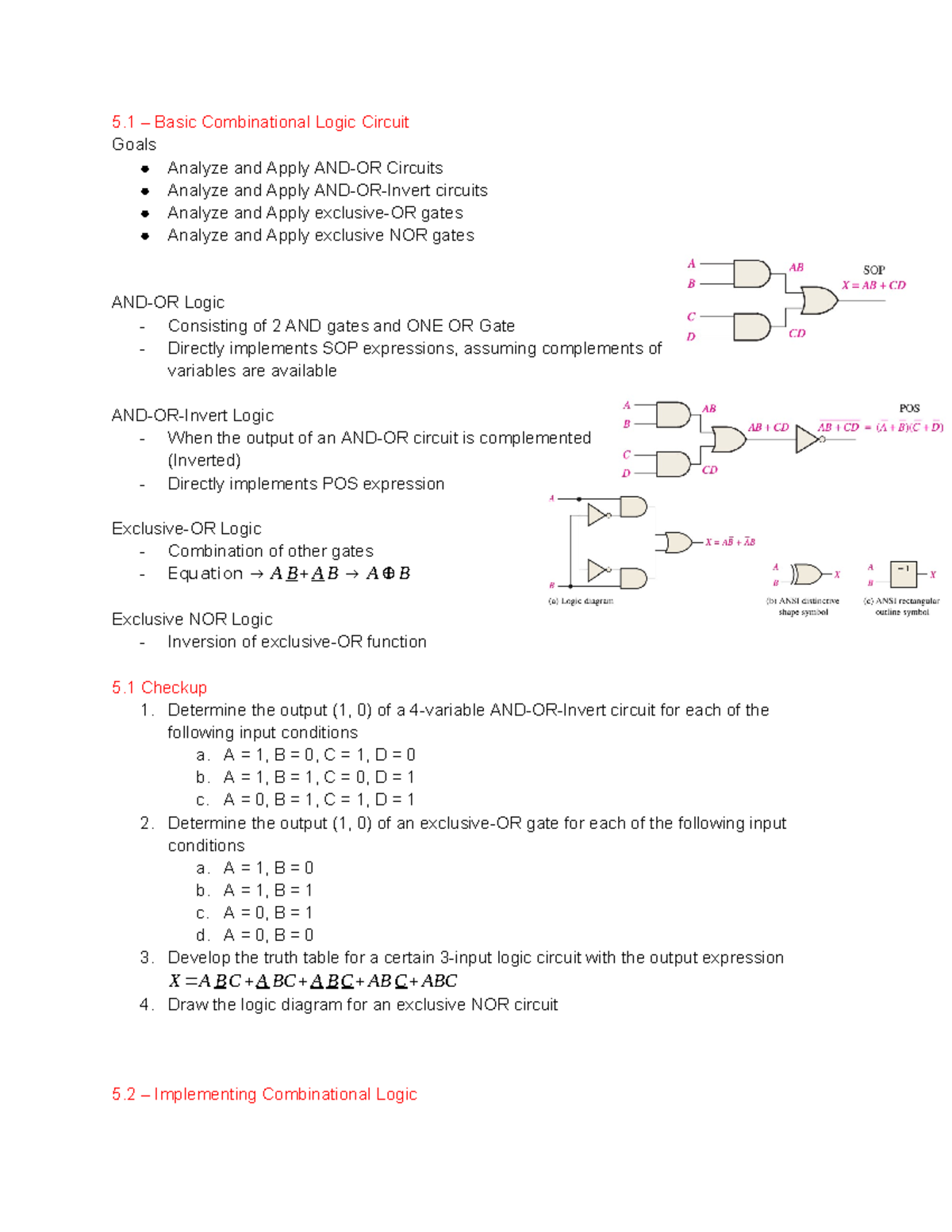 Chapter 5 - 5 – Basic Combinational Logic Circuit Goals Analyze and Apply AND-OR Circuits - Studocu