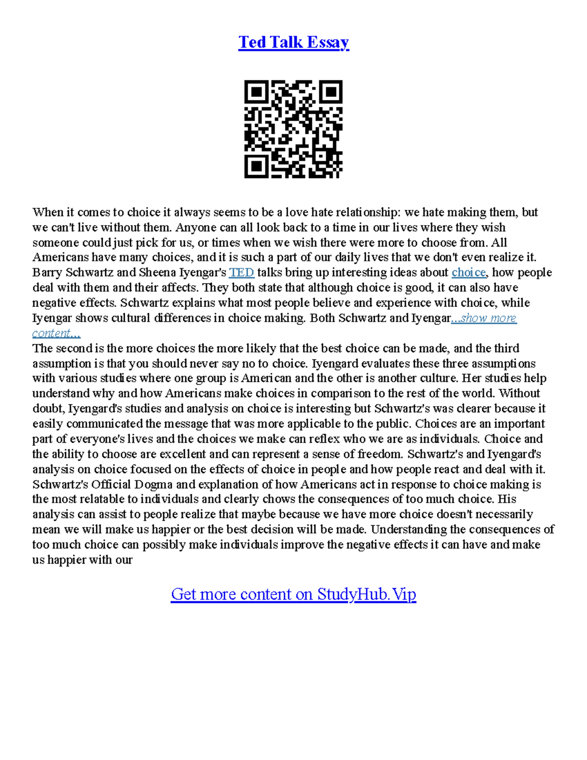 Short Argumentative Essays - Ted Talk Essay When it comes to choice it ...