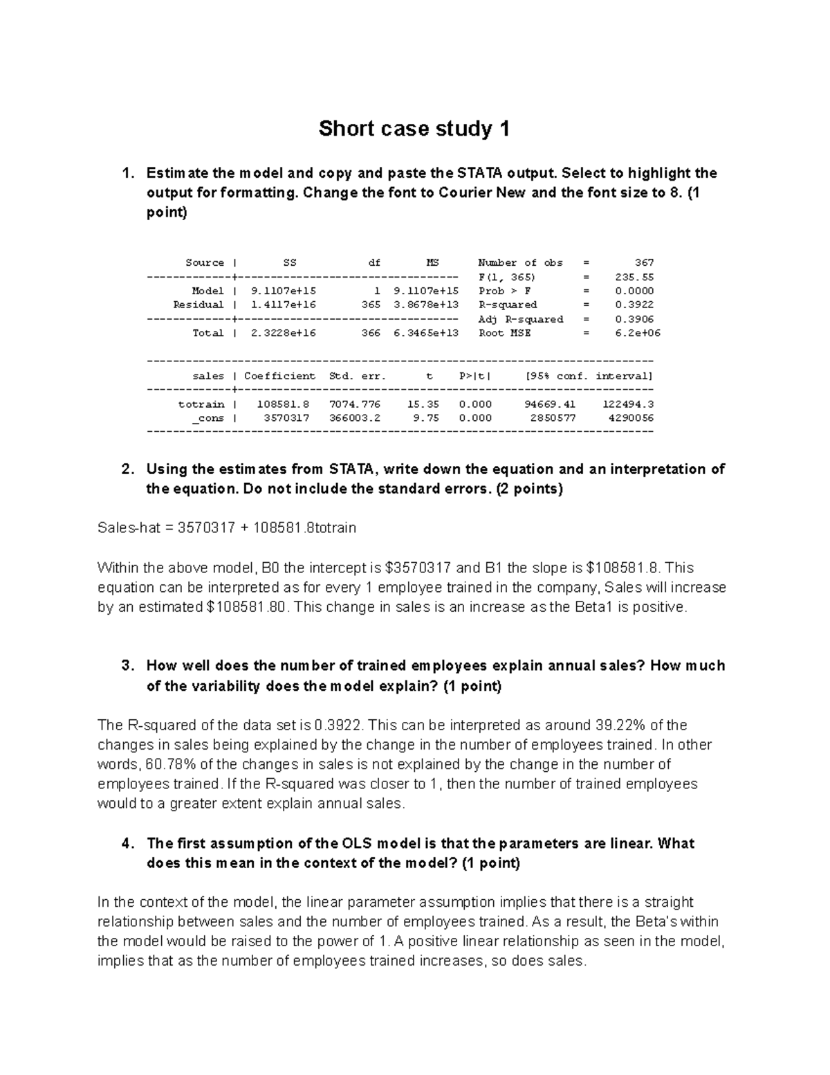 Short case study 1 - Assignment 1 - Short case study 1 1. Estimate the ...