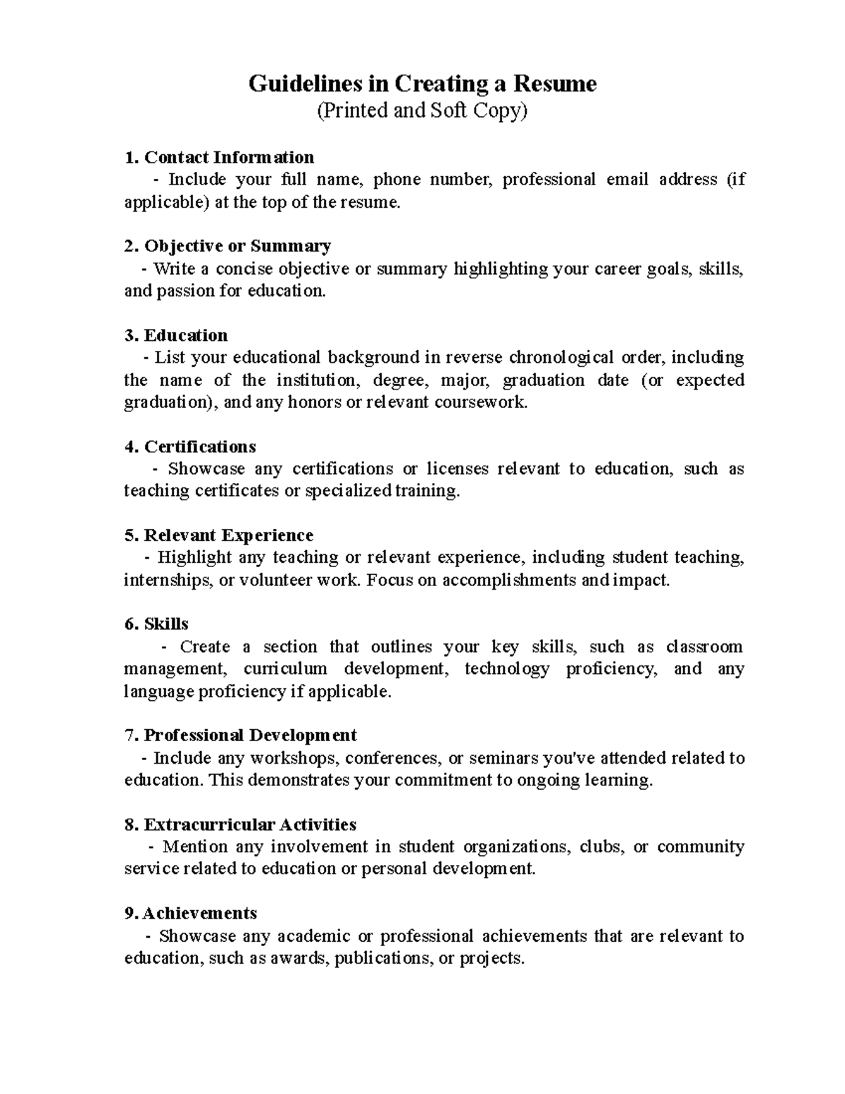 Guidelines in Creating a Resume - Guidelines in Creating a Resume ...