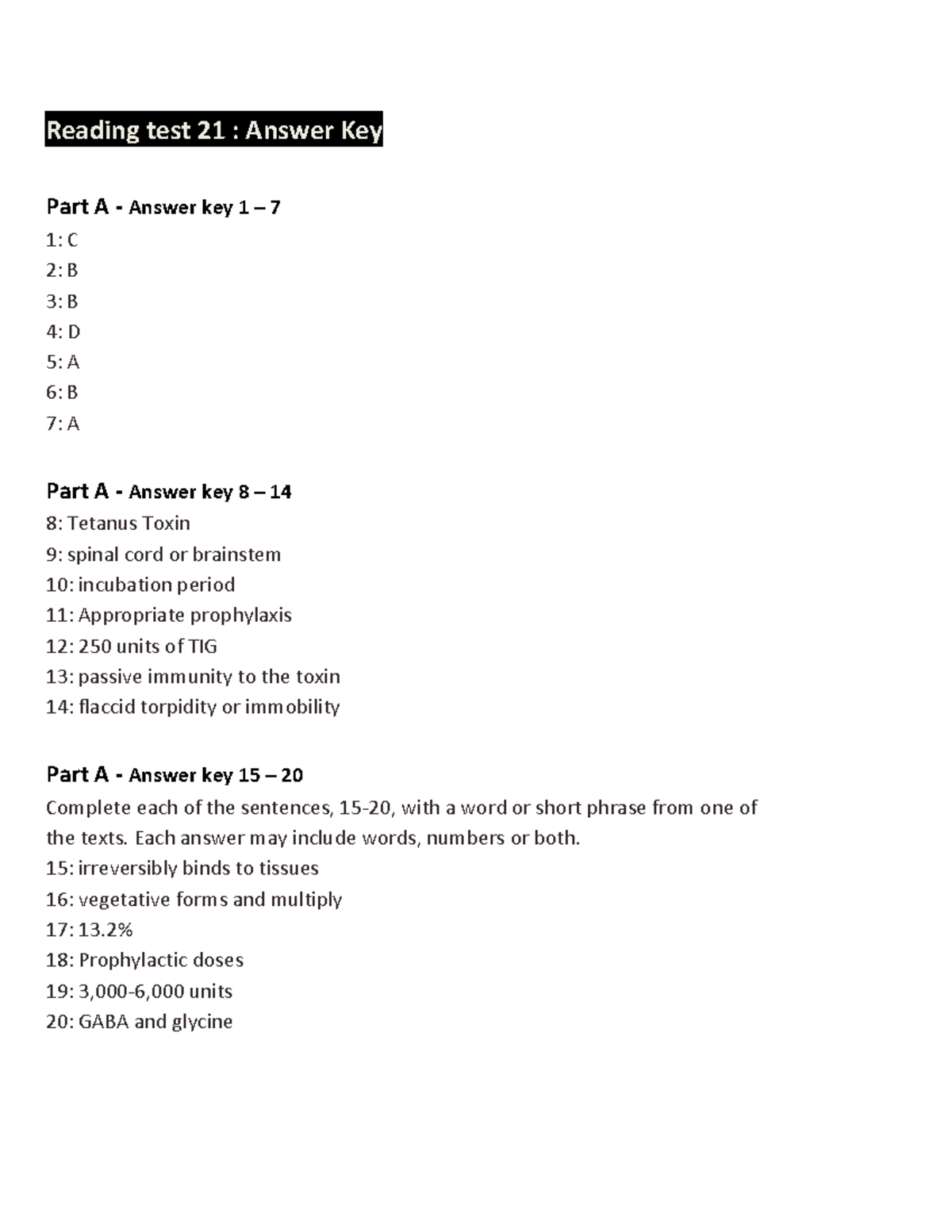 Answer- Clostridium Tetani - Reading test 21 : Answer Key Part A ...