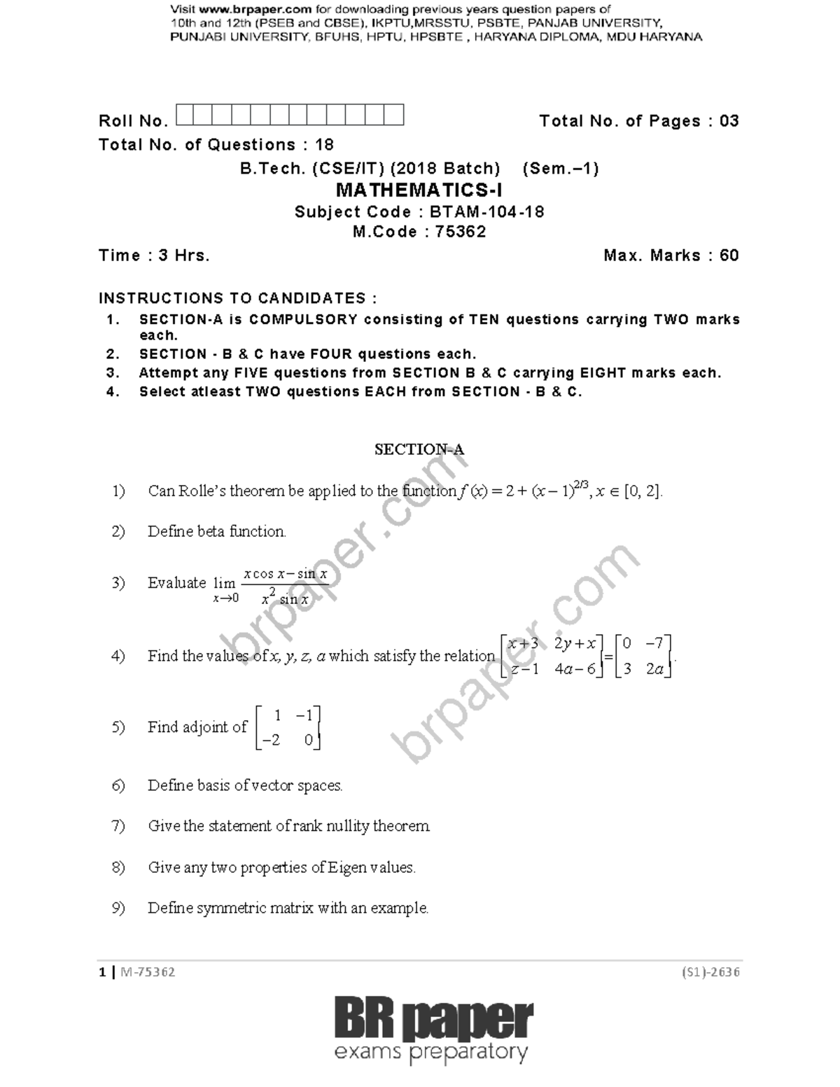 Math1(1st)May2019 - Read - 1 | M-75362 (S1)- Roll No. Total No. of ...