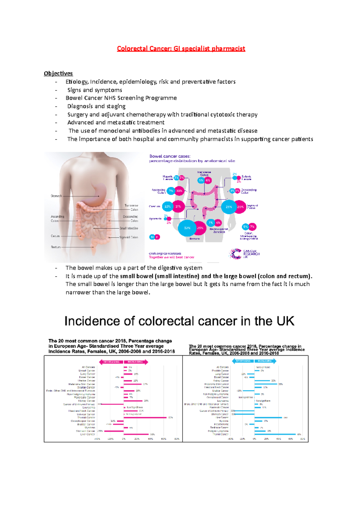 Colorectal Cancer - lecture notes - Colorectal Cancer: GI specialist ...