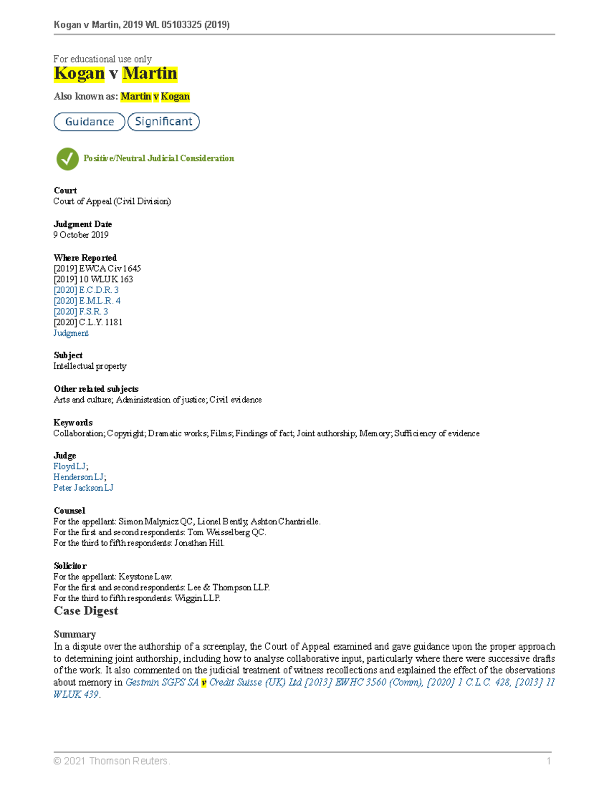 Kogan v Martin/Case Summary - Kogan v Martin, 2019 WL 05103325 (2019 ...