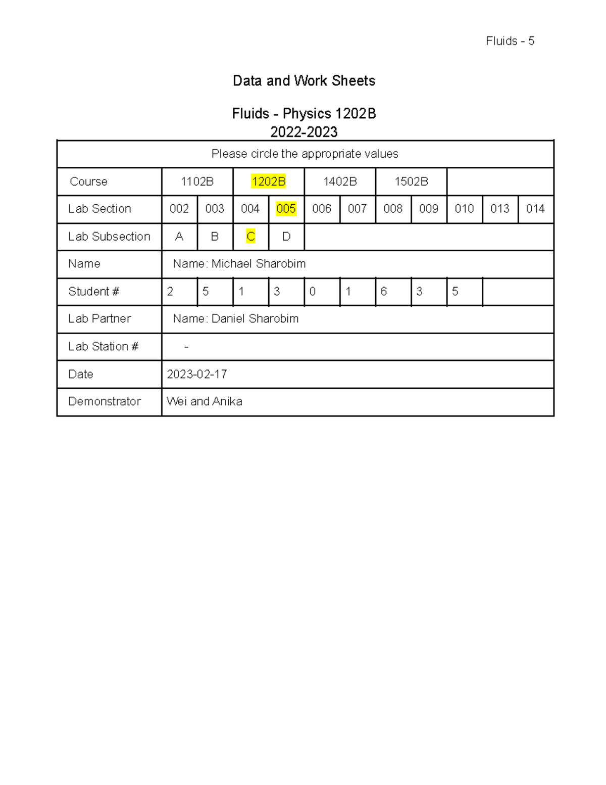 Physics 1202 - Fluids - worksheets -Winter 2023 - Fluids - 5 Data and ...