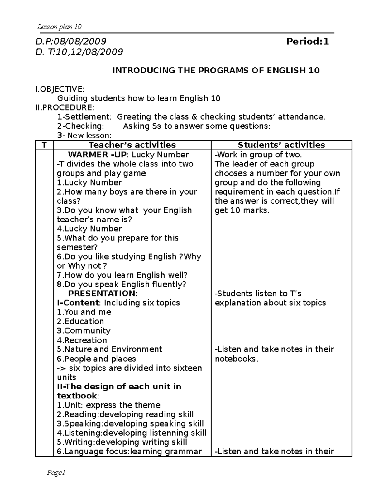 150669867 Lesson Plan Grade 10 Full - D:08/08/2009 Period: D. T:10,12 ...