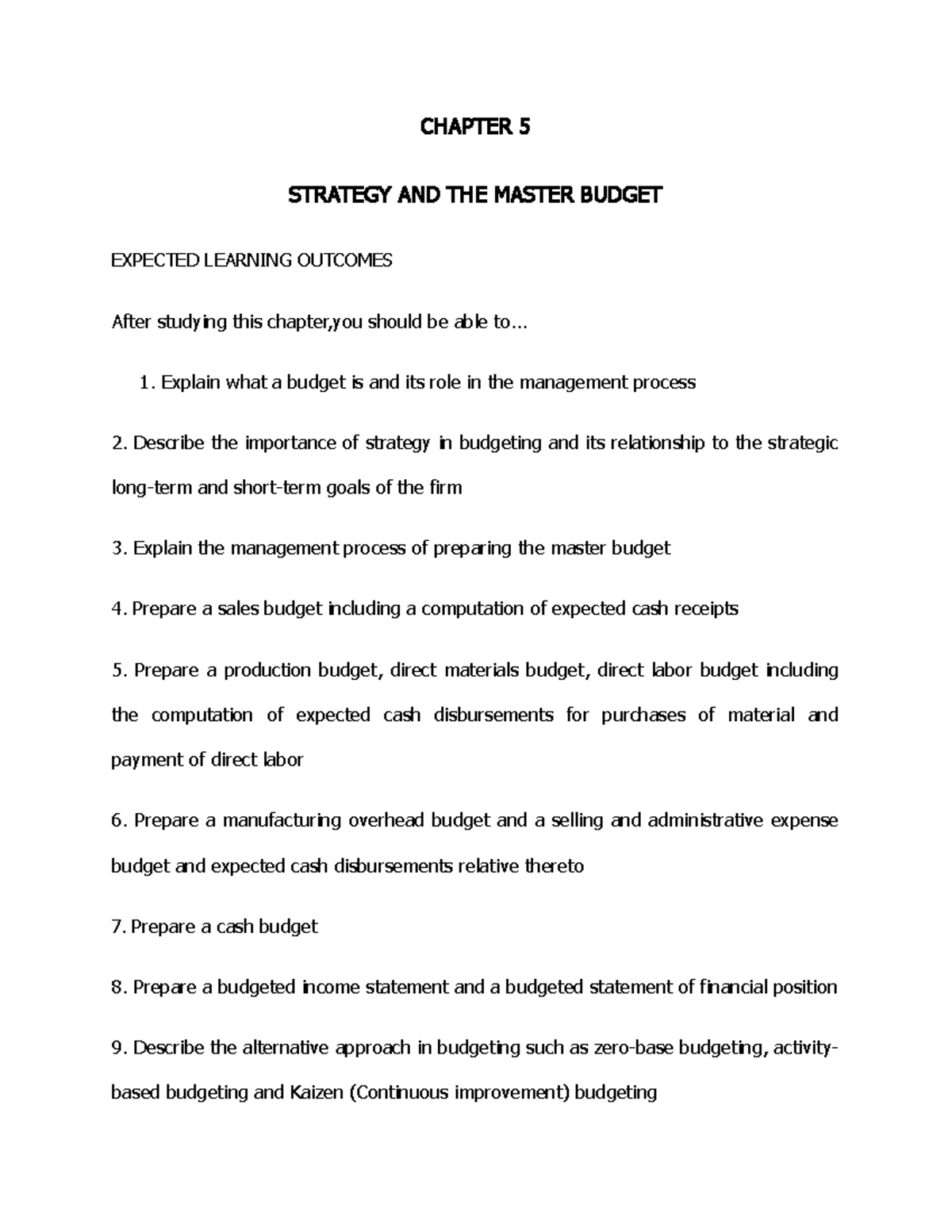 Chapter-5 Strategy AND THE Master Budget - CHAPTER 5 STRATEGY AND THE MASTER BUDGET EXPECTED ...