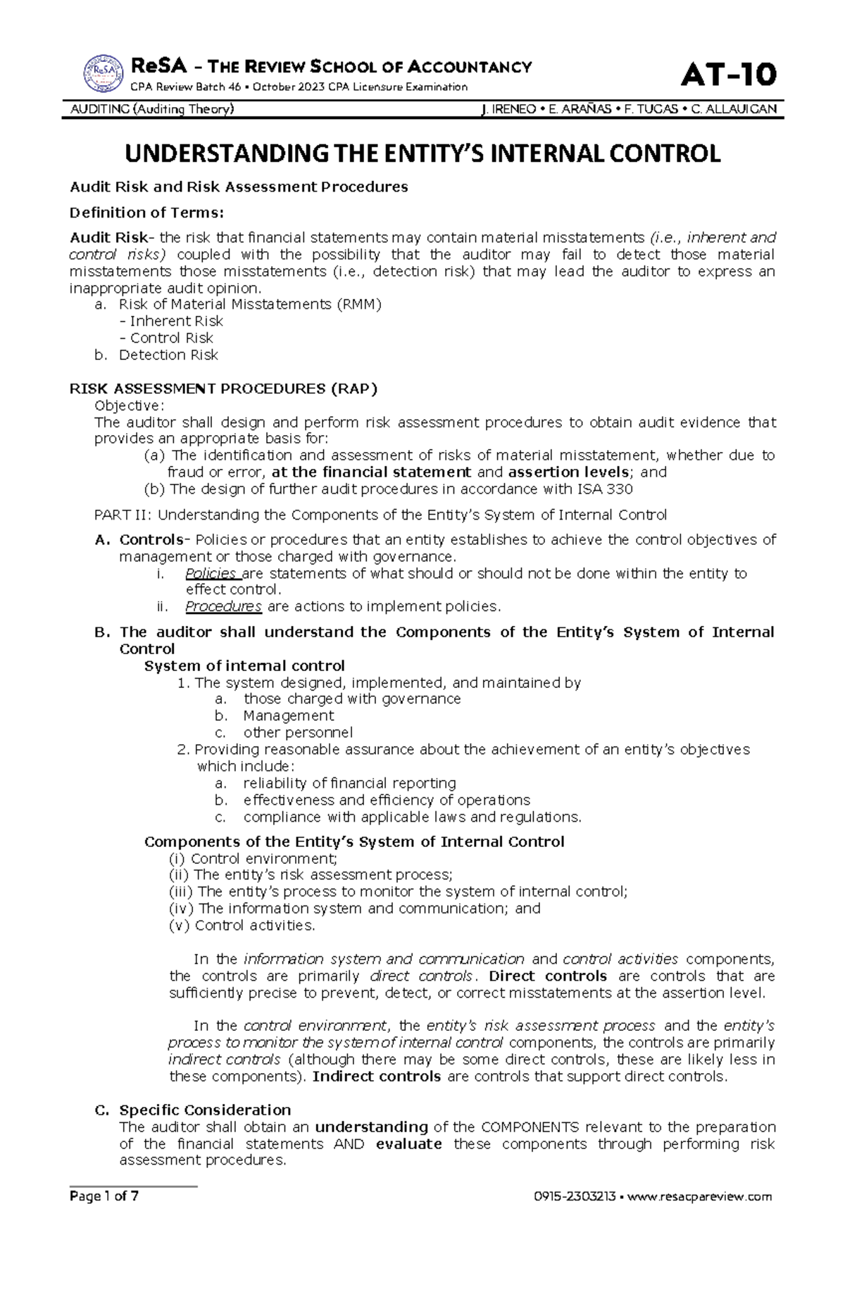 AT-10 (Understanding the Entity's Internal Control) - ReSA - THE REVIEW SCHOOL OF ACCOUNTANCY ...