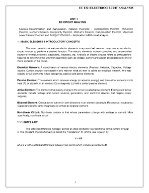 DC CIRCUIT ANALYSIS SUMMARY OF ECA UNIT-1 - UNIT- I DC CIRCUIT ANALYSIS ...