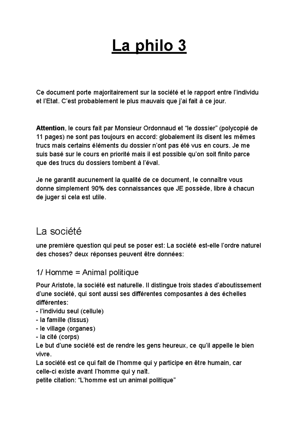 La philo 3 - Résumé du cour - La philo 3 Ce document porte majoritairement sur la société et le ...