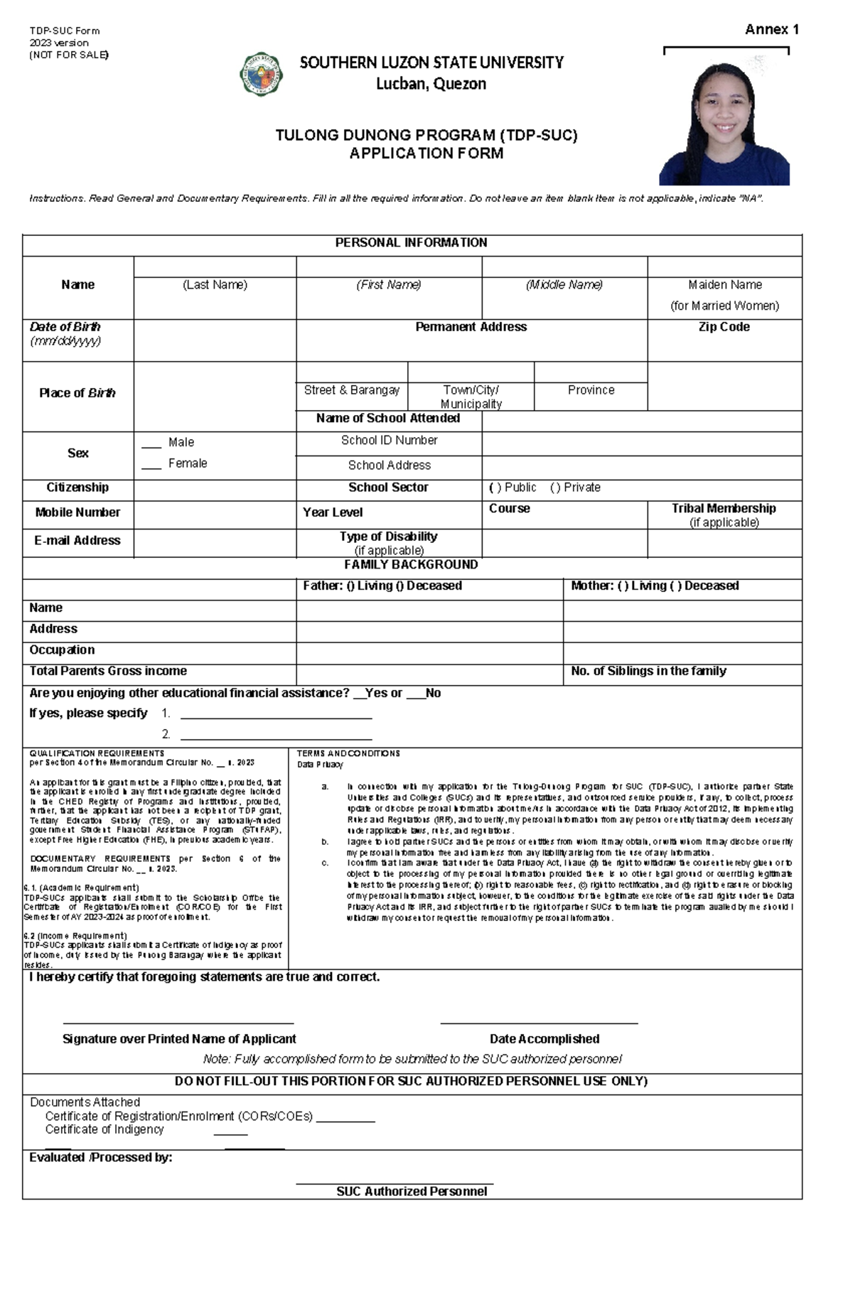 Annex-1-TDP-Application-Form-1 - 2x ID PICTURE SOUTHERN LUZON STATE ...