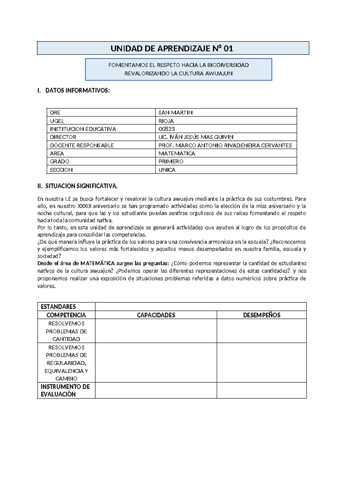 Formato Plan Curricular Unidad - UNIDAD DE APRENDIZAJE N° 01 I. DATOS INFORMATIVOS: DRE SAN ...