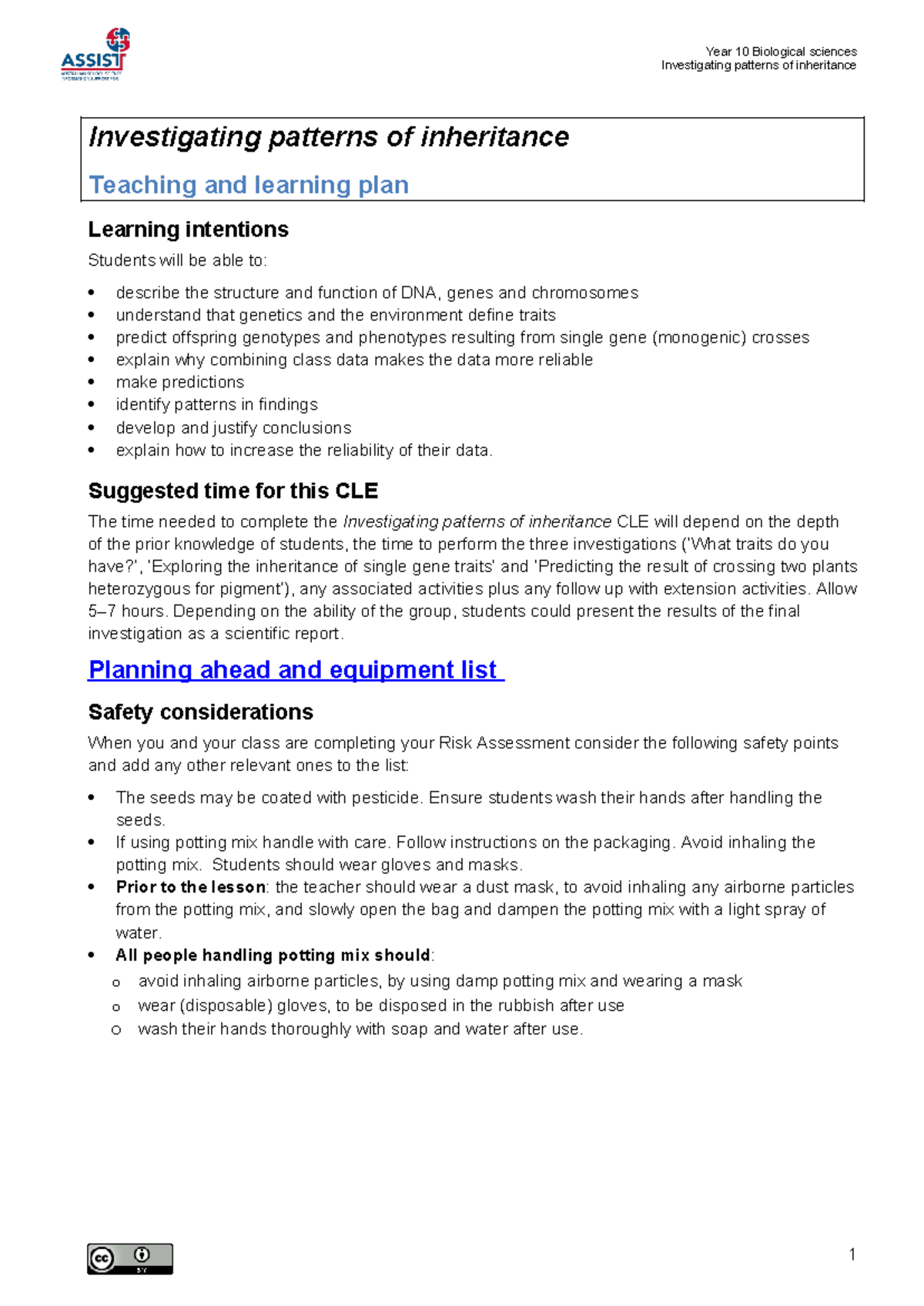 Teaching and Learning Plan Yr10 Patterns of inheritance - Investigating ...