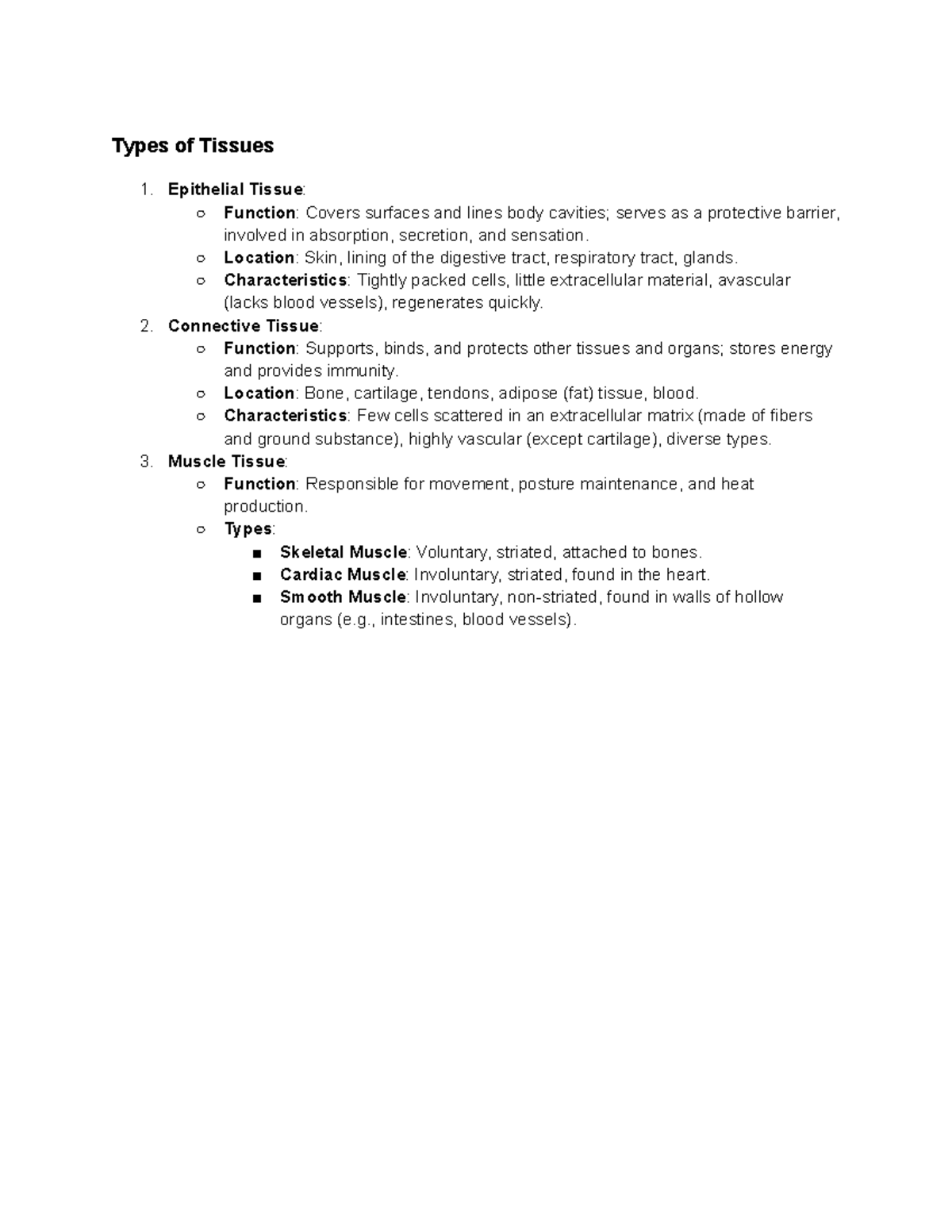 Untitled document - notes tissue - Types of Tissues Epithelial Tissue ...