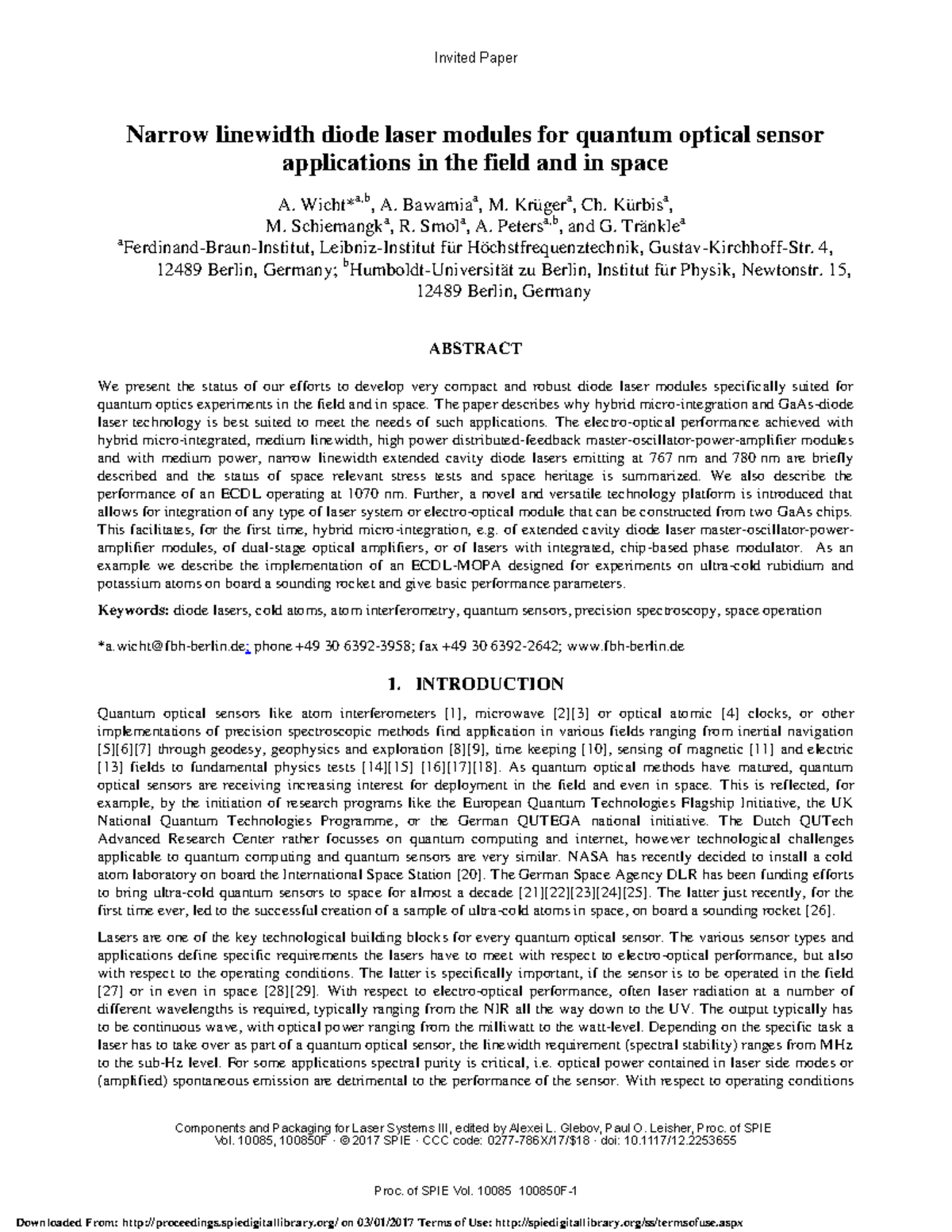 Narrow linewidth diode laser modules for quantum optical sensor ...