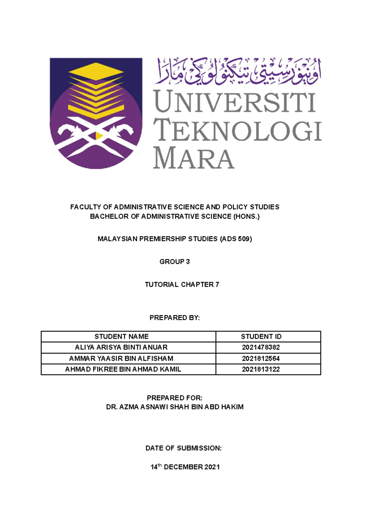 Tutorial Chapter 7 (ADS509) Group 3 week - FACULTY OF ADMINISTRATIVE ...