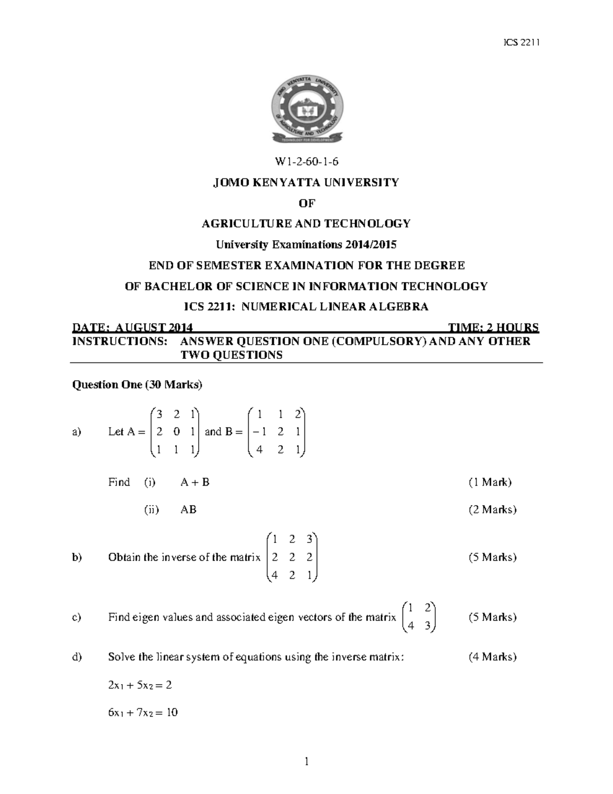 ICS 2211 Numerical Linear Algebra - ICS 2 211 1 W1- 2 - 60 - 1 - 6 JOMO ...