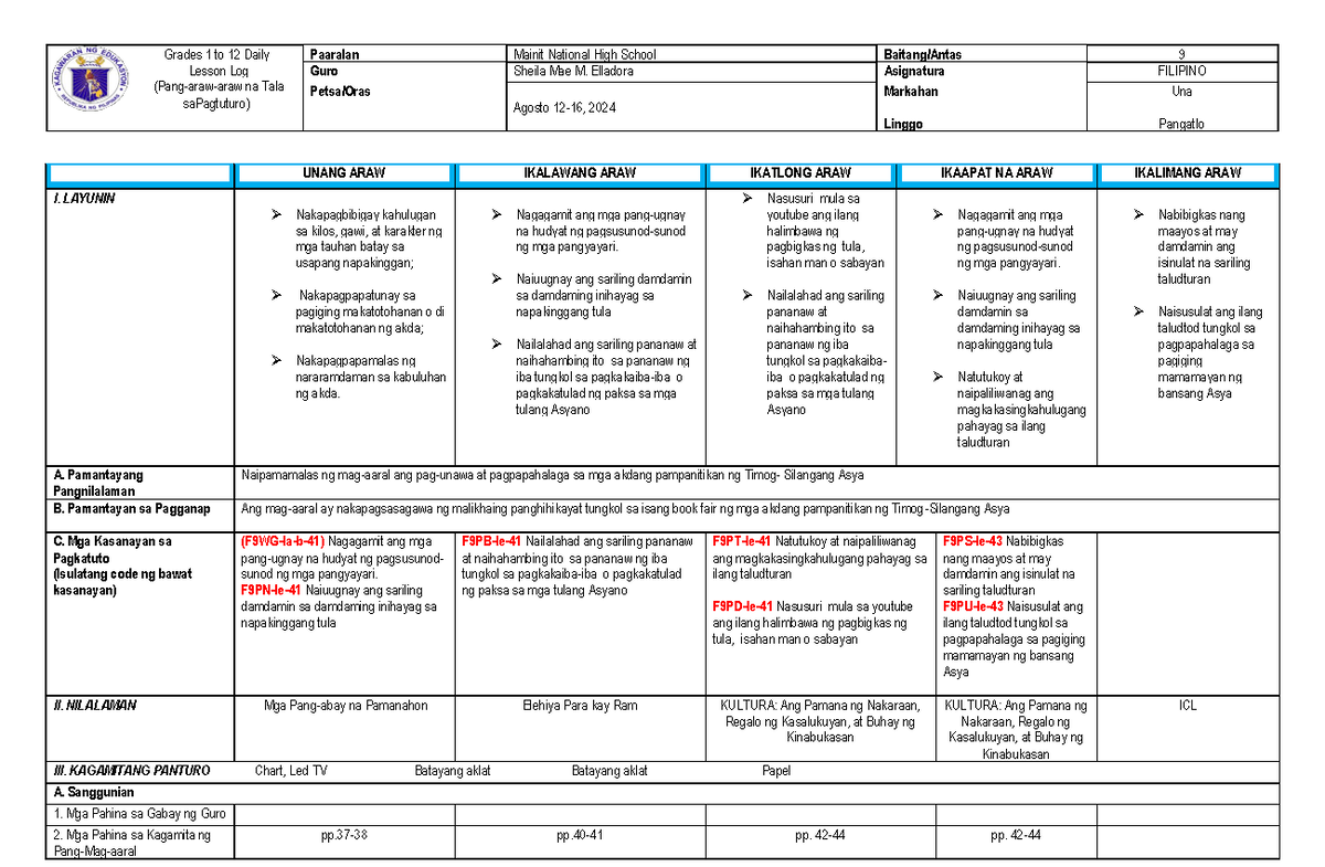 FIL9 Q1 W3 - DLL9 - Grades 1 to 12 Daily Lesson Log (Pang-araw-araw na ...