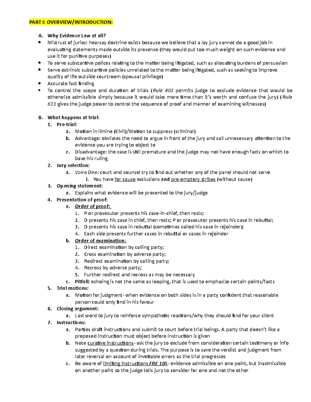 Evidence Outline - PART I: OVERVIEW/INTRODUCTION: A. Why Evidence Law ...