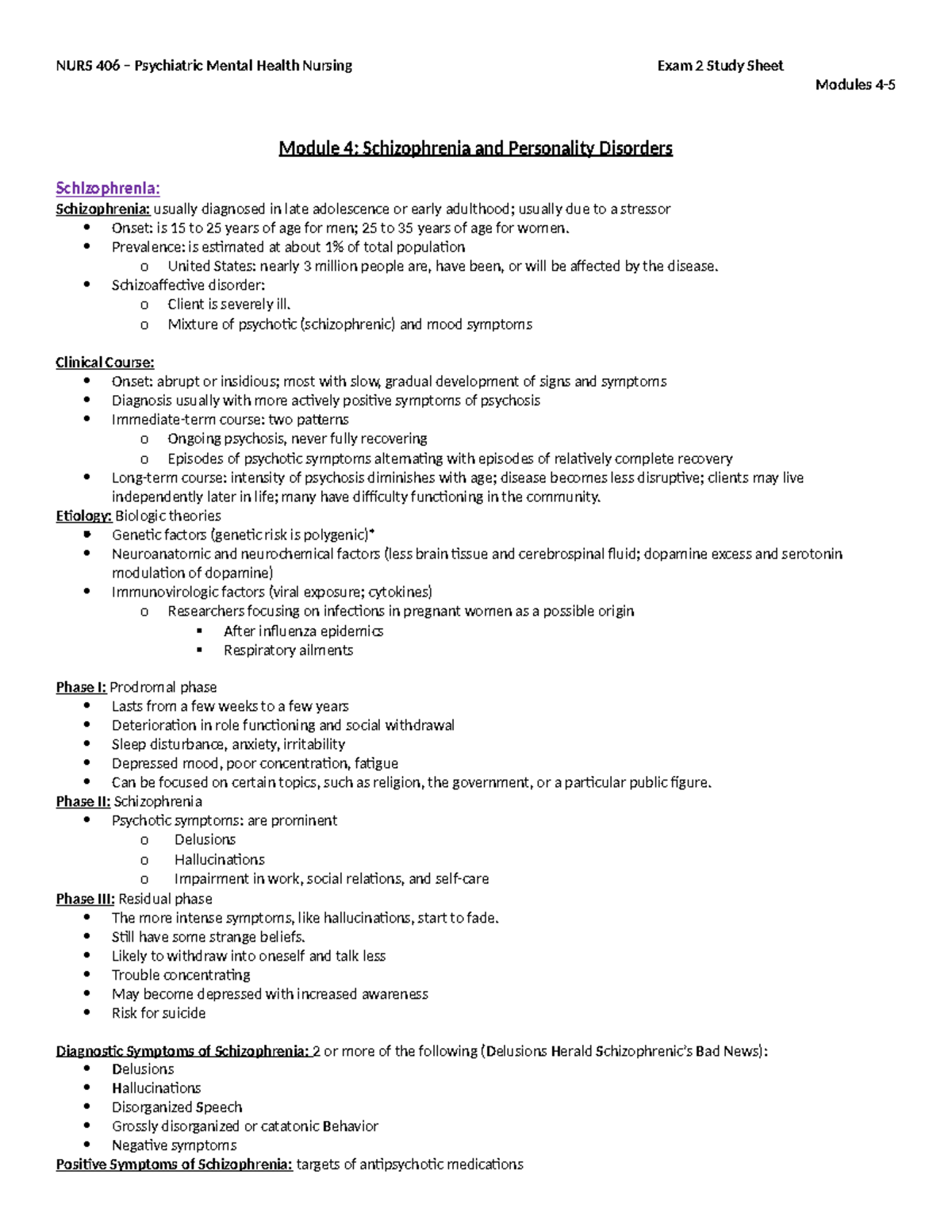NURS 406 Exam 2 Study Sheet Mods 4-5 - NURS 406 – Psychiatric Mental ...