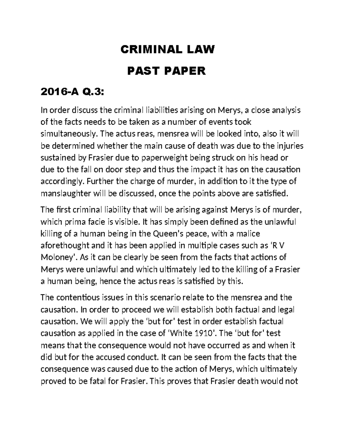 Criminal LAW 2016 A Q3 - Essay - CRIMINAL LAW PAST PAPER 2016-A Q: In ...