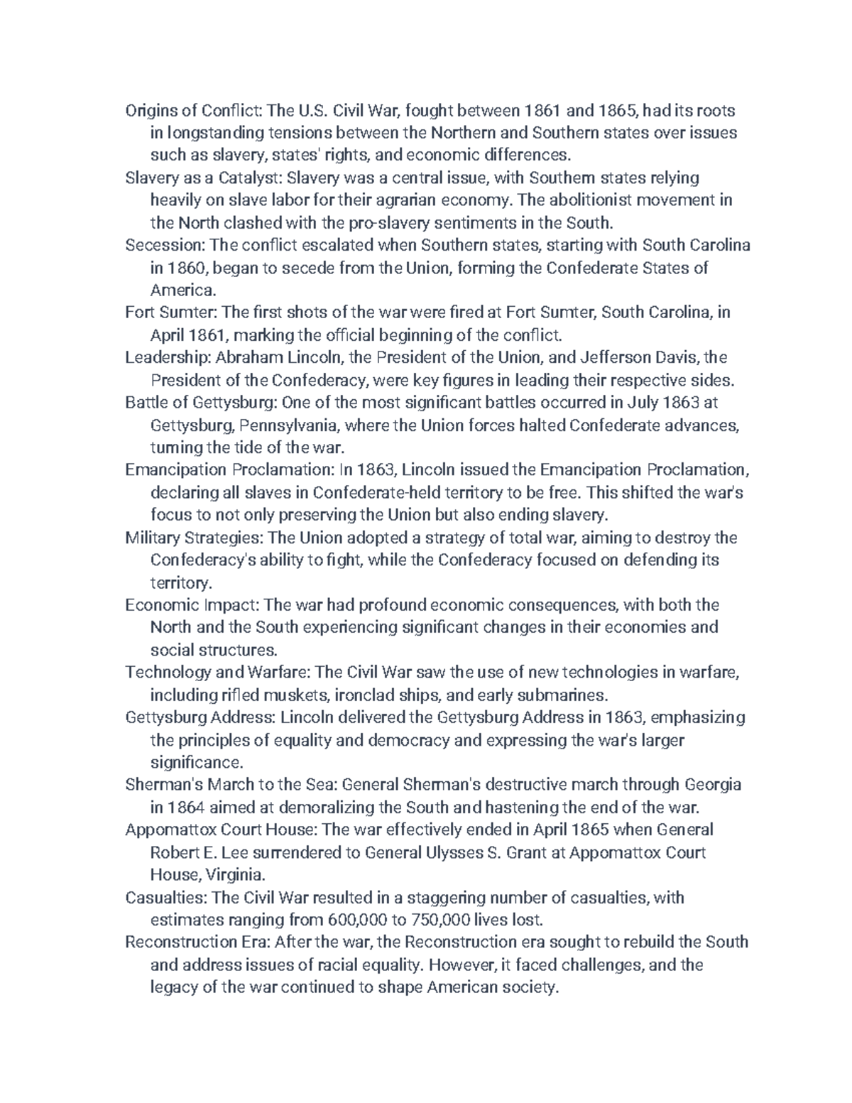 Notes on us civil war - Origins of Conflict: The U. Civil War, fought ...