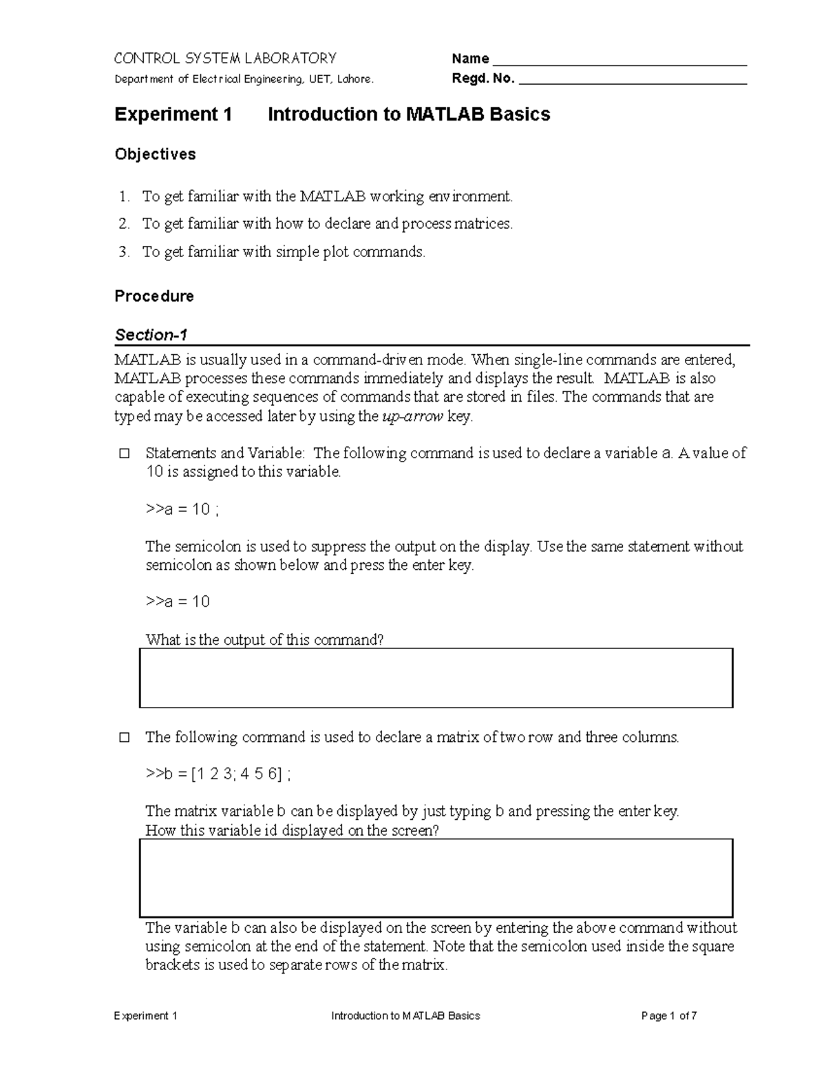 Experiment 1 Introduction To Matlab Basics Department Of Electrical Engineering Uet Lahore 