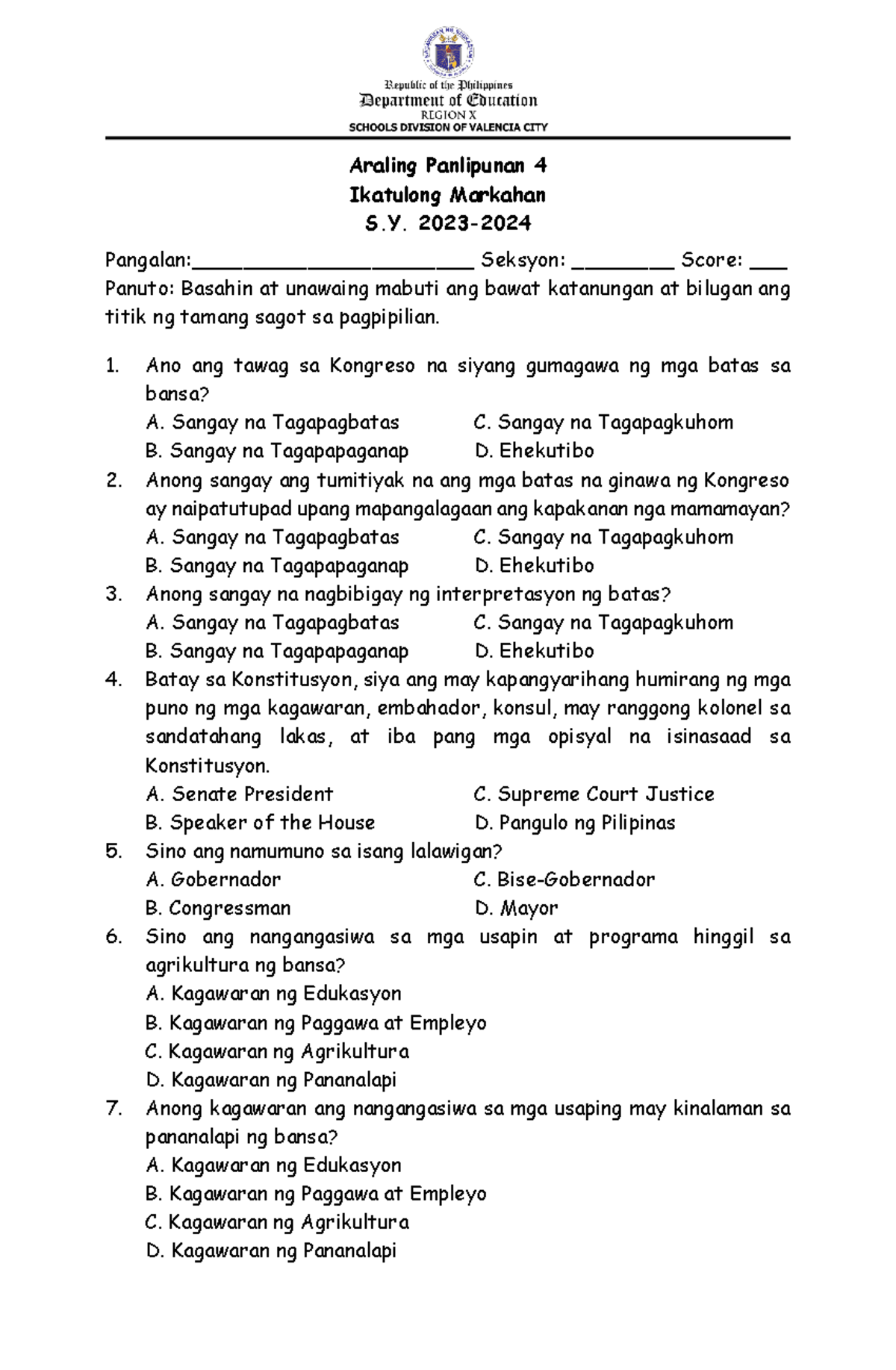 AP4 Q3 - AP4 3rd Quarter Examination - Araling Panlipunan 4 Ikatulong ...