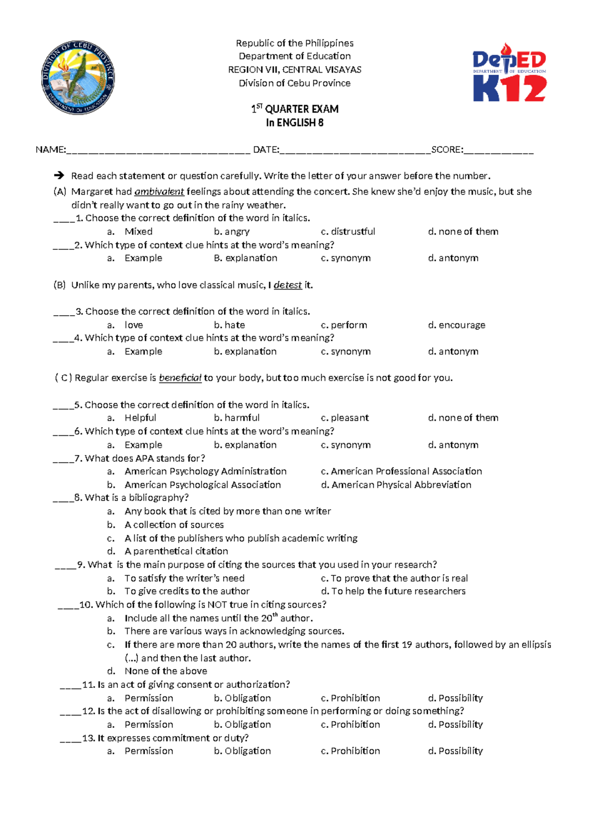 English 8 - 1ST Quarter - TEST - Republic of the Philippines Department ...