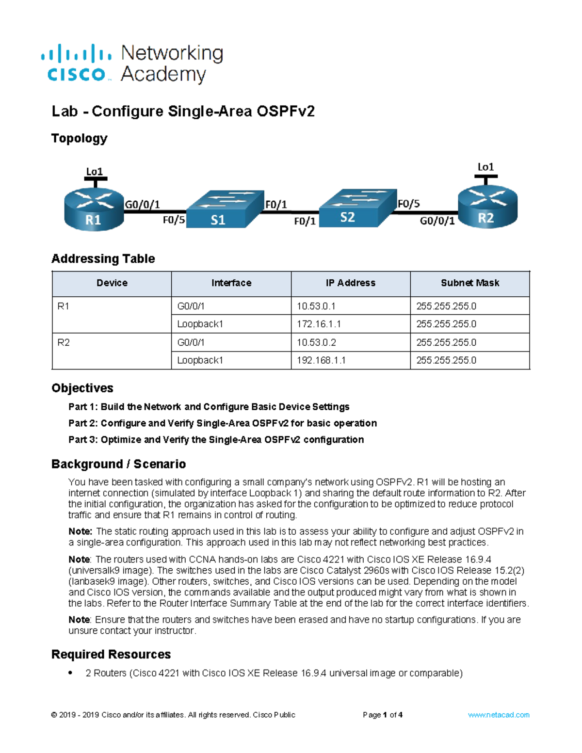 W2 2.7.2 Lab - Configure Single-Area OSPFv 2 - Topology Addressing Table Device Interface IP ...