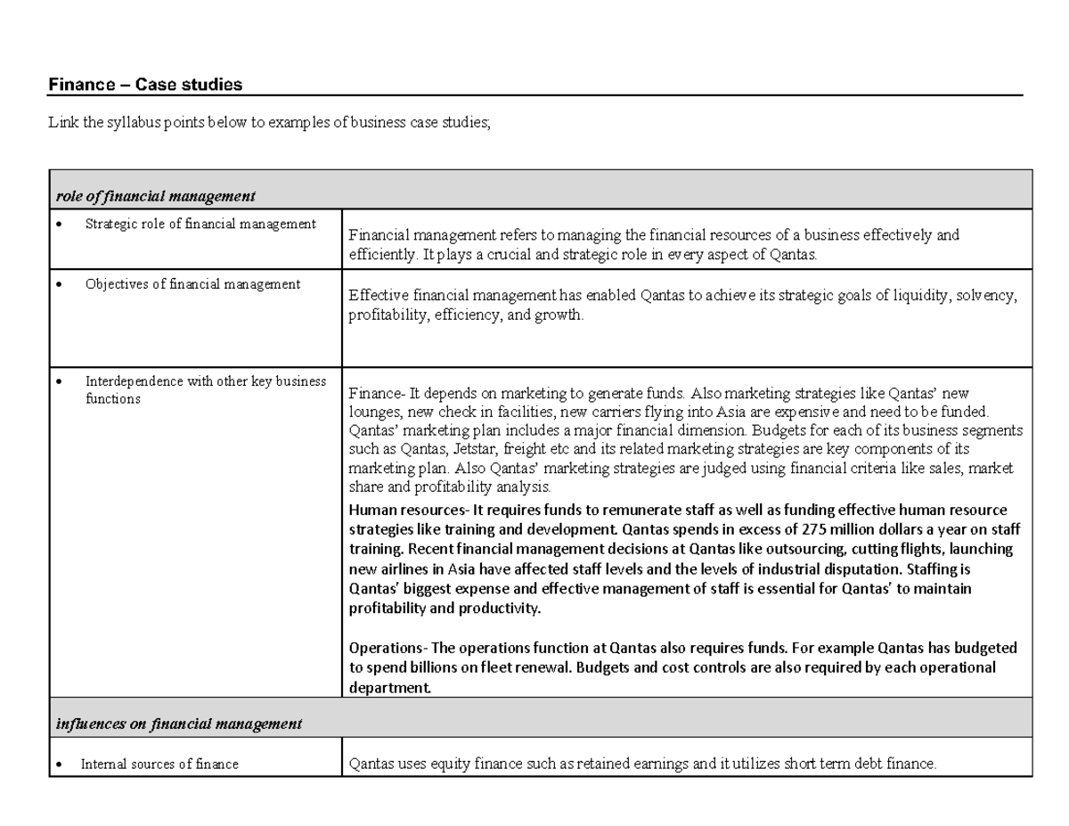 Finance topic - Case Study - template - Finance – Case studies Link the ...