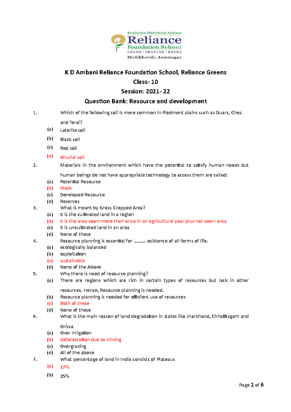 Resource AND Development MCQ - K D Ambani Reliance Foundation School ...