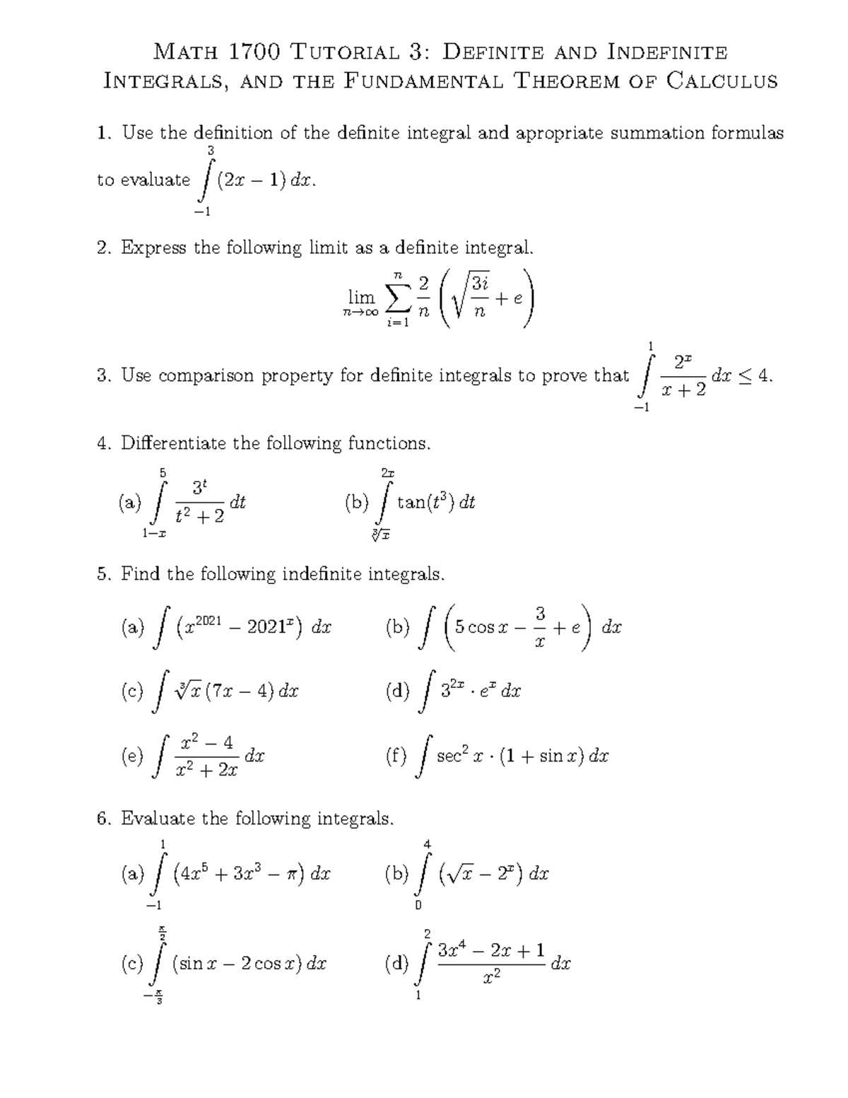 1700tutorial 3 Tutorial 3 Math 1700 Tutorial 3 Definite And