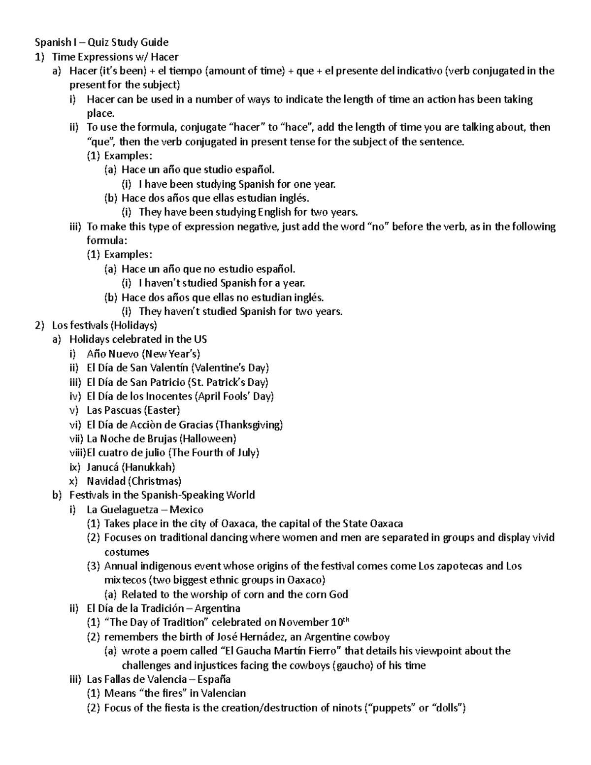 Spanish I – Quiz 5 Study Guide - Spanish I – Quiz Study Guide Time ...