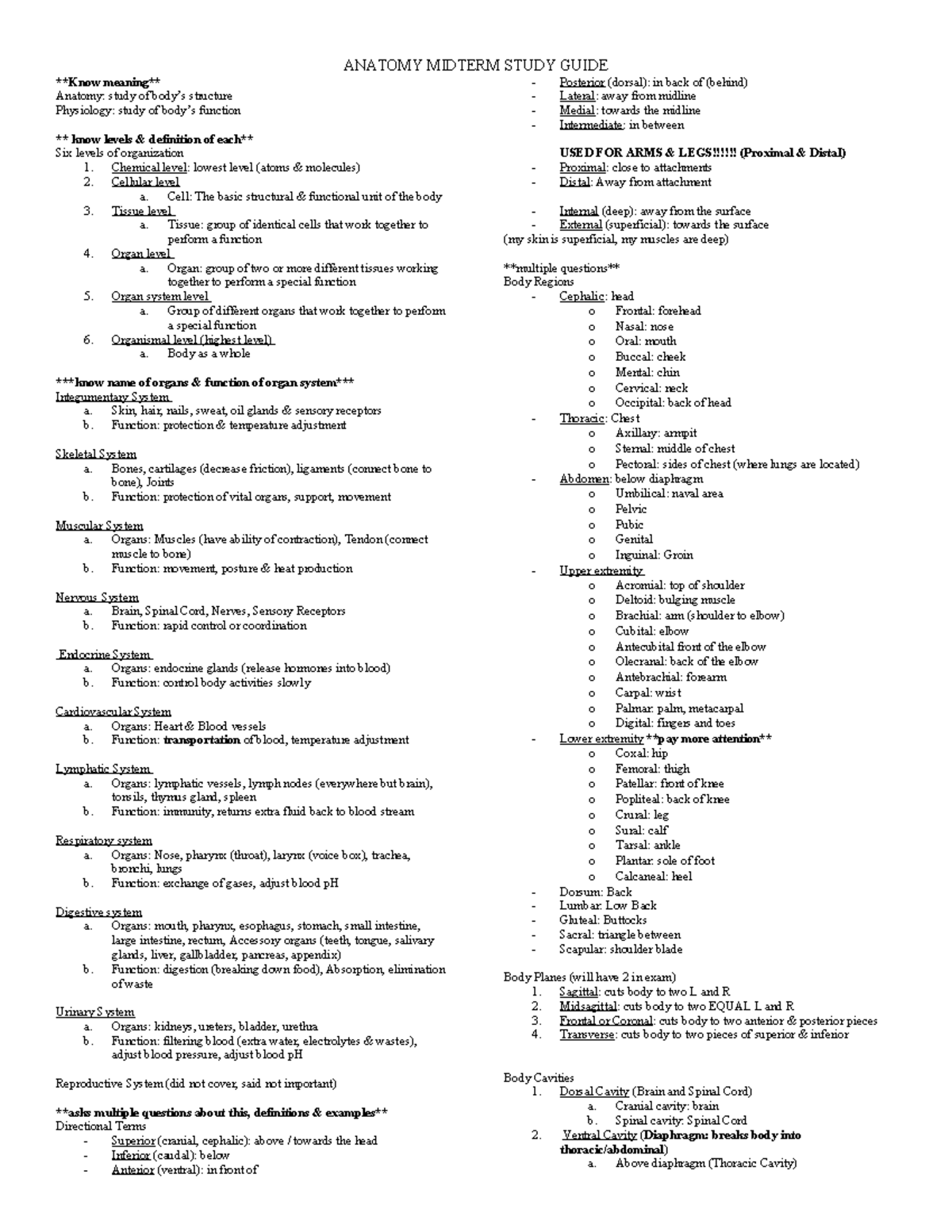 ANAT200-Midterm Study Guide - Know meaning Anatomy: study of body’s ...