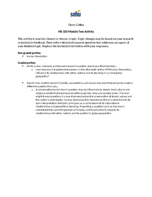 HIS 100 Module One Activity - While it is a good idea to choose your ...