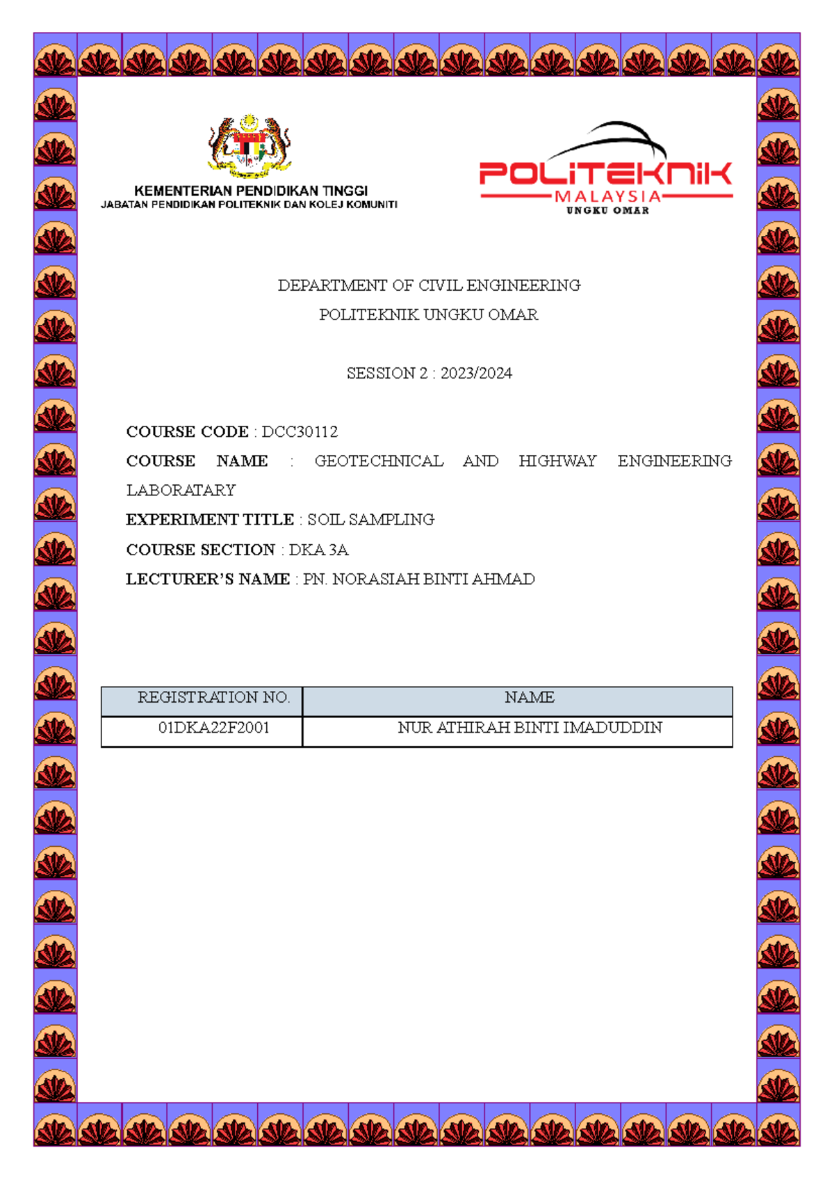 Soil Sampling Report - DEPARTMENT OF CIVIL ENGINEERING POLITEKNIK UNGKU ...