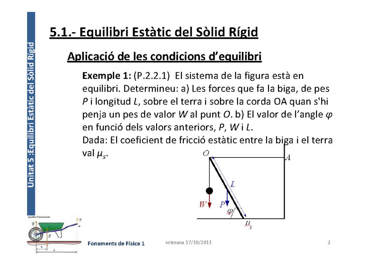 Estàtica 3 - Unitat 5 :Equilibri Estàtic del Sòlid Rígid 5.- Equilibri Estàtic del Sòlid Rígid ...