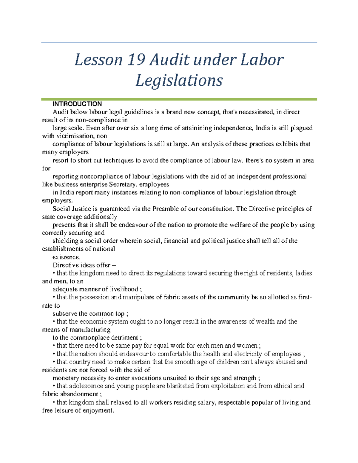 Lesson 19 Audit under Labor Legislations - Lesson 19 Audit under Labor ...