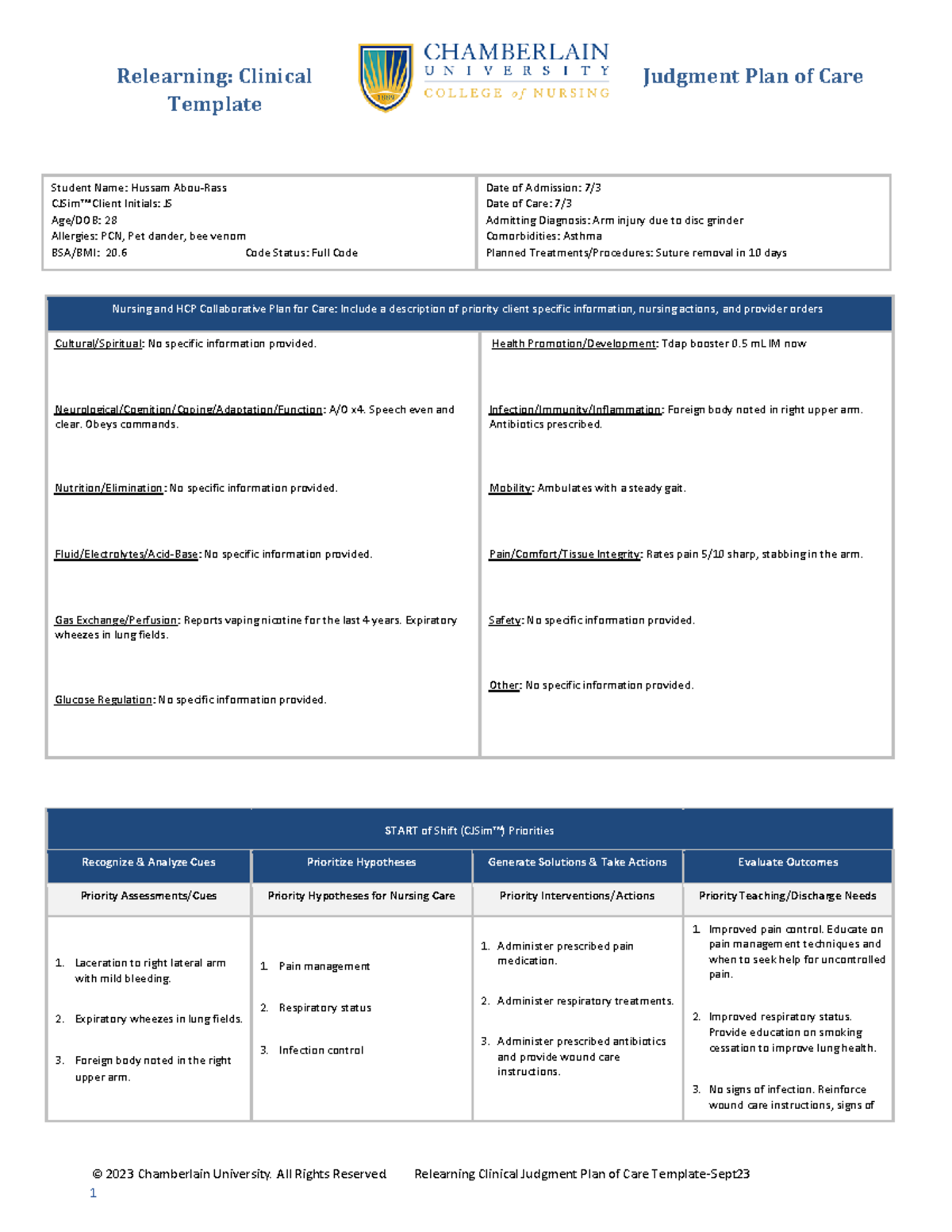 Cjsim Care Plan Justin Smoake - Template © 2023 Chamberlain University ...
