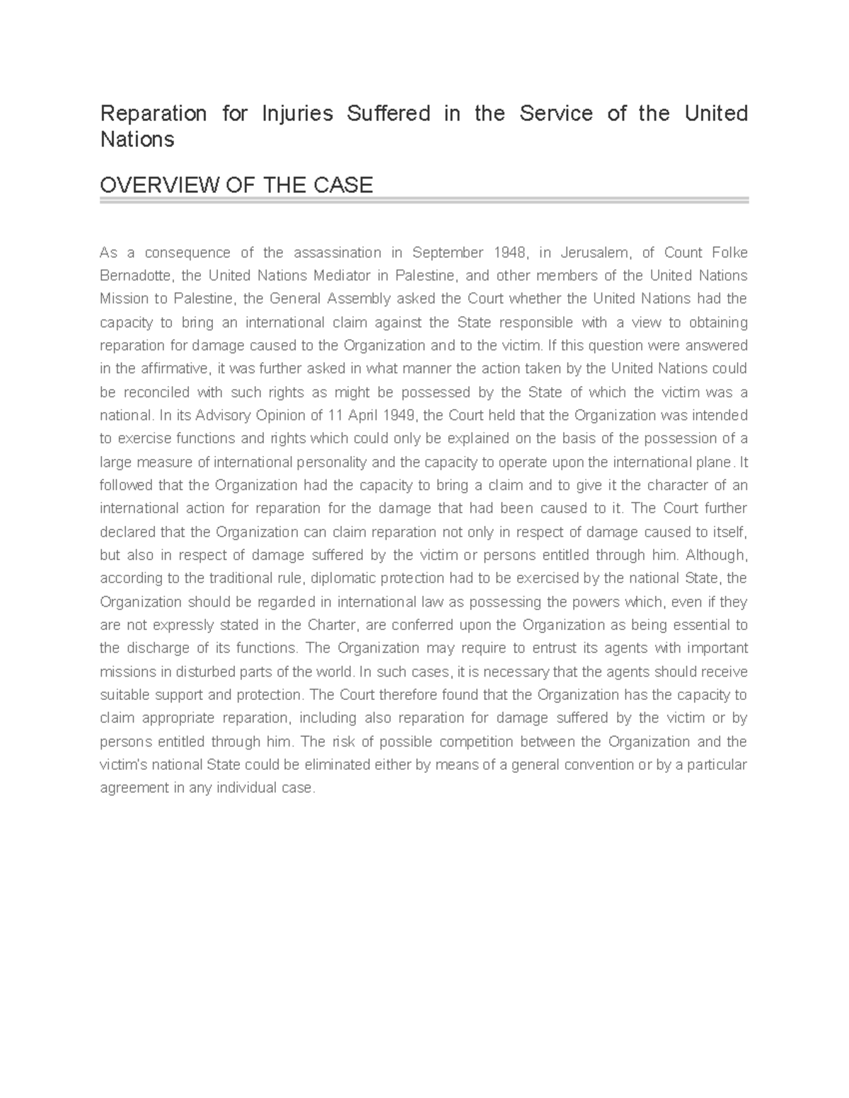 Reparation case - lecture notes - Reparation for Injuries Suffered in ...