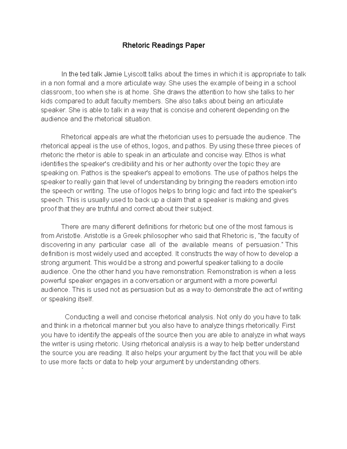 ENG 111 Rhet paper - Rhetoric Readings Paper In the ted talk Jamie ...